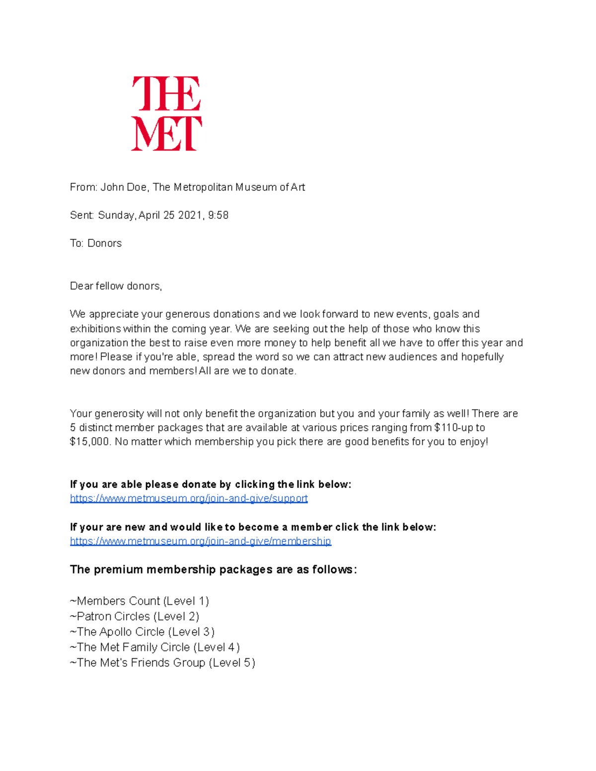 320 email - From: John Doe, The Metropolitan Museum of Art Sent: Sunday ...