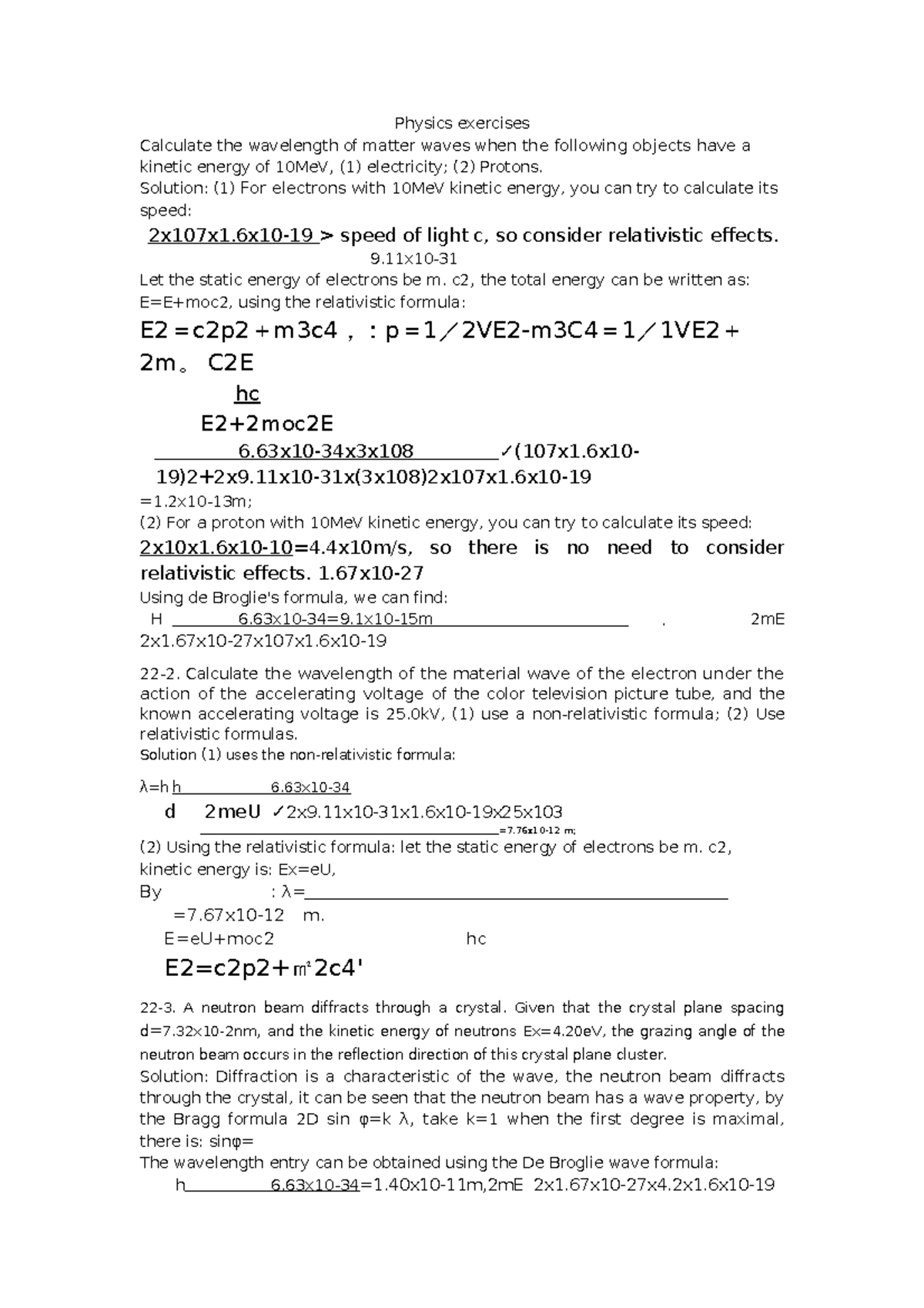 Physics Exercises Phy102 Physics Exercises Calculate The Wavelength Of Matter Waves