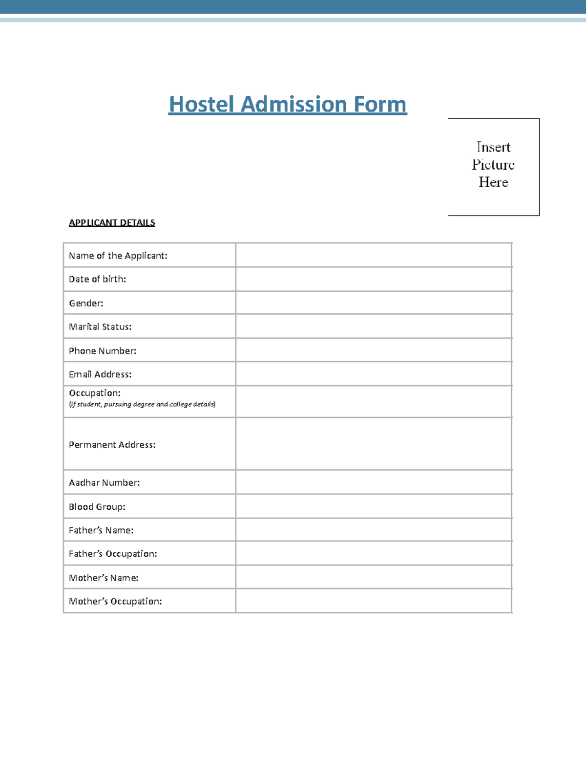 Application Form for LA LLLBB for this - Hostel Admission Form APPLICANT DETAILS Name of the ...