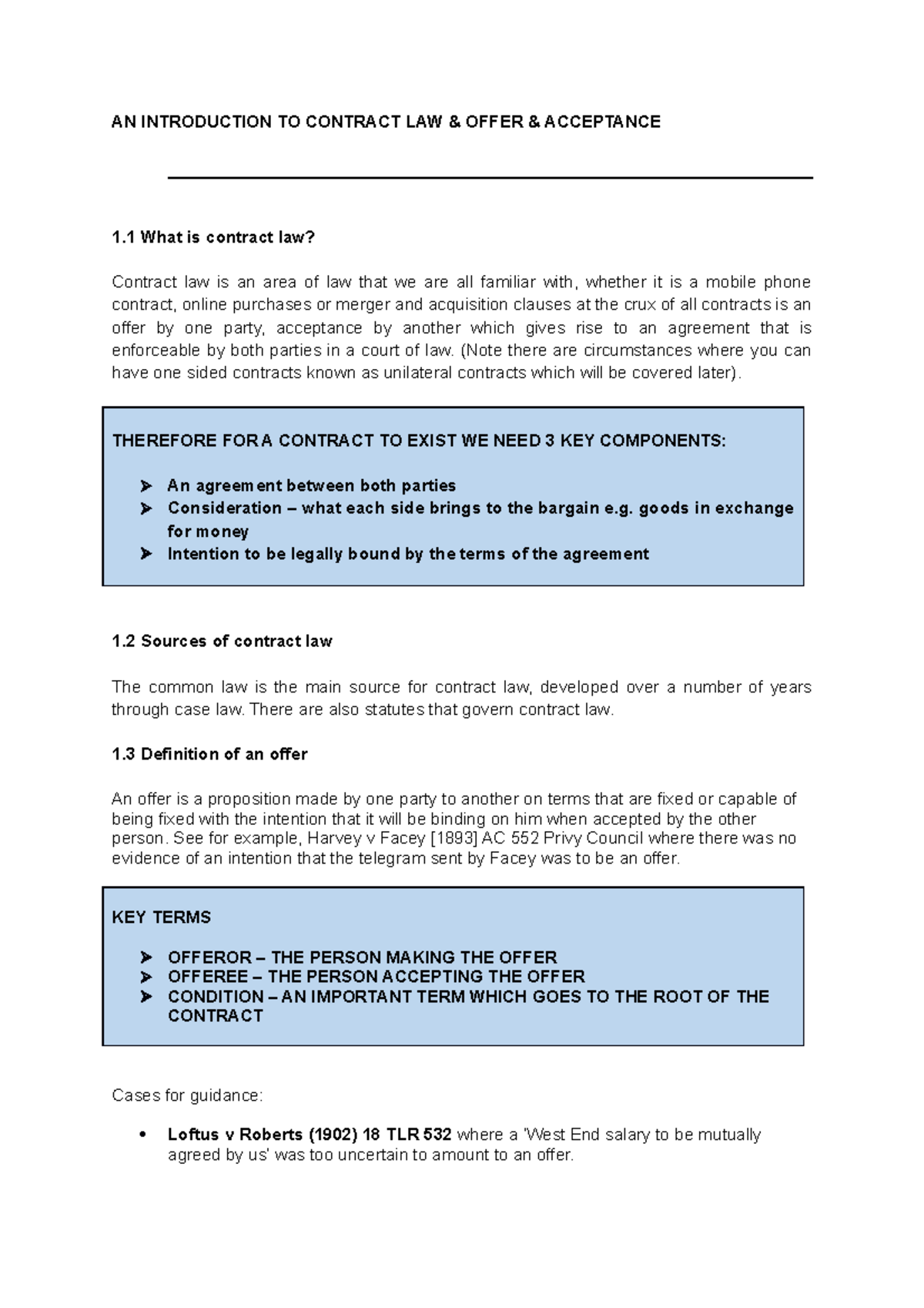 Offer AND Acceptance Notes - AN INTRODUCTION TO CONTRACT LAW & OFFER ...