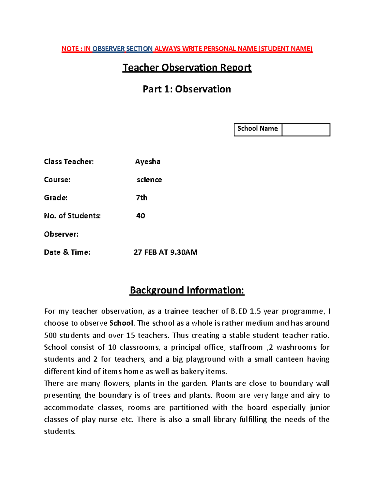 Observation Report F1 - NOTE : IN OBSERVER SECTION ALWAYS WRITE ...