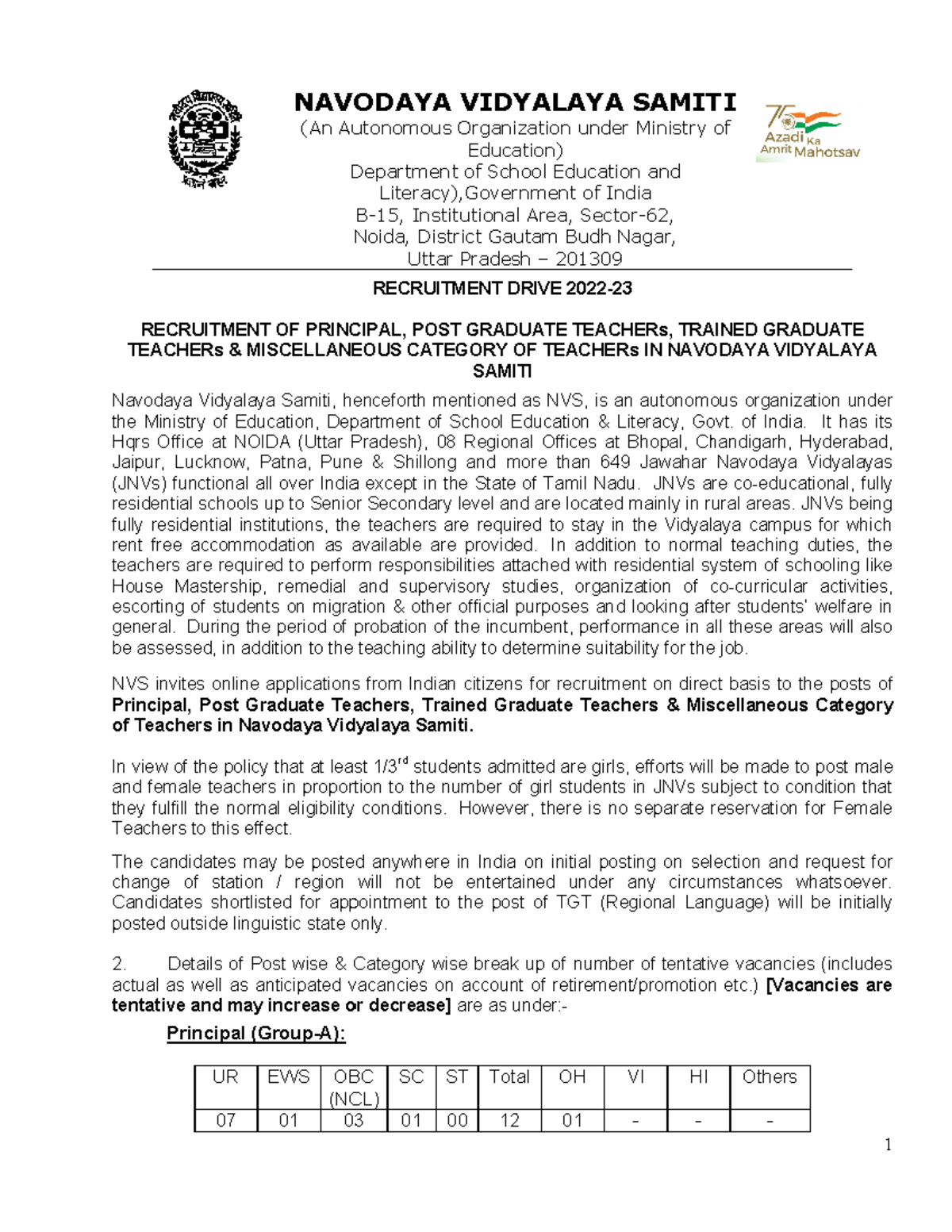 Nvs recruitment 2022 notification - NAVODAYA VIDYALAYA SAMITI (An ...