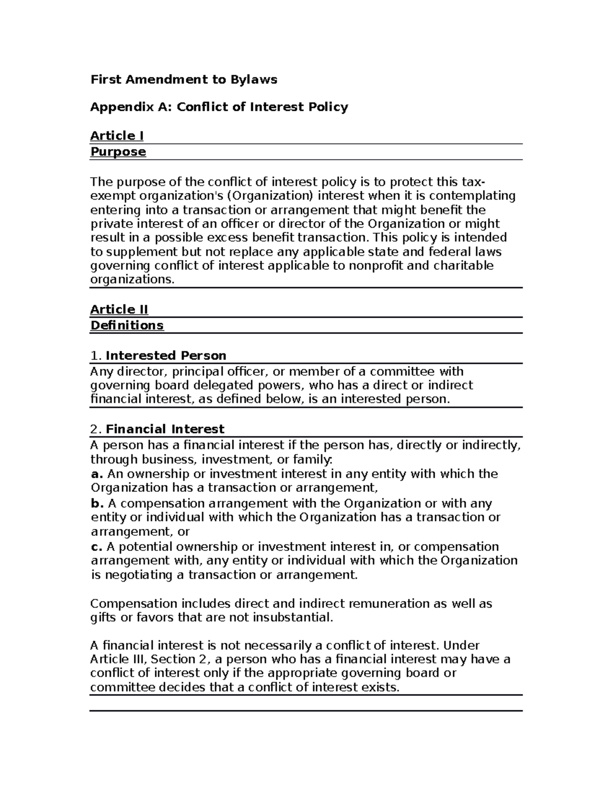 Conflict Policy - outline - First Amendment to Bylaws Appendix A: Conflict of Interest Policy ...