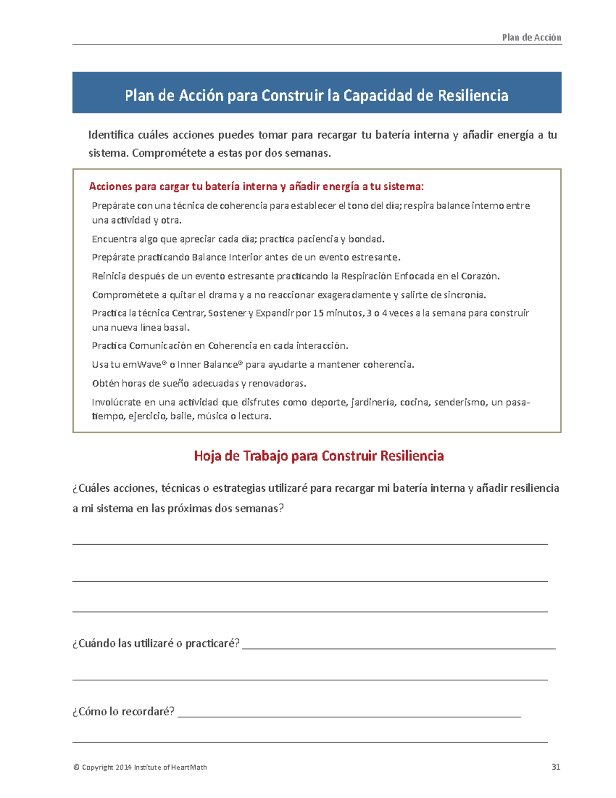 Plan de acción para construir la capacidad de resiliencia - © Copyright 2014 Institute of ...