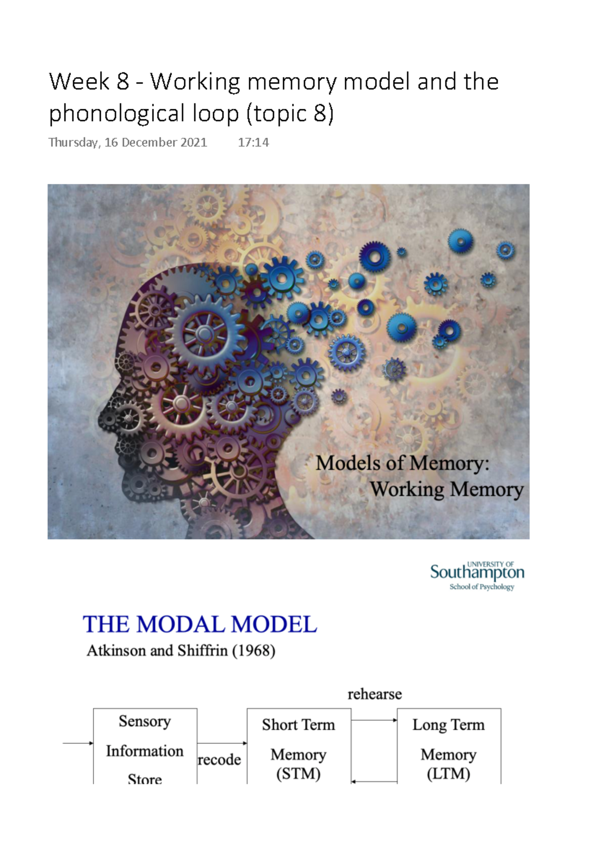 Week 8 Working Memory Model And The Phonological Loop Topic 8 Comparing Tasks Helps Us