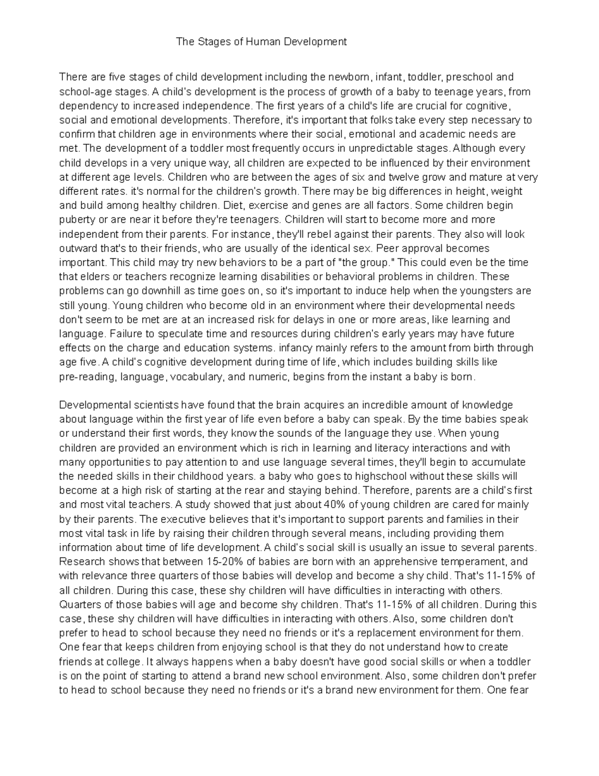 The Stages of Human Development - A child’s development is the process ...