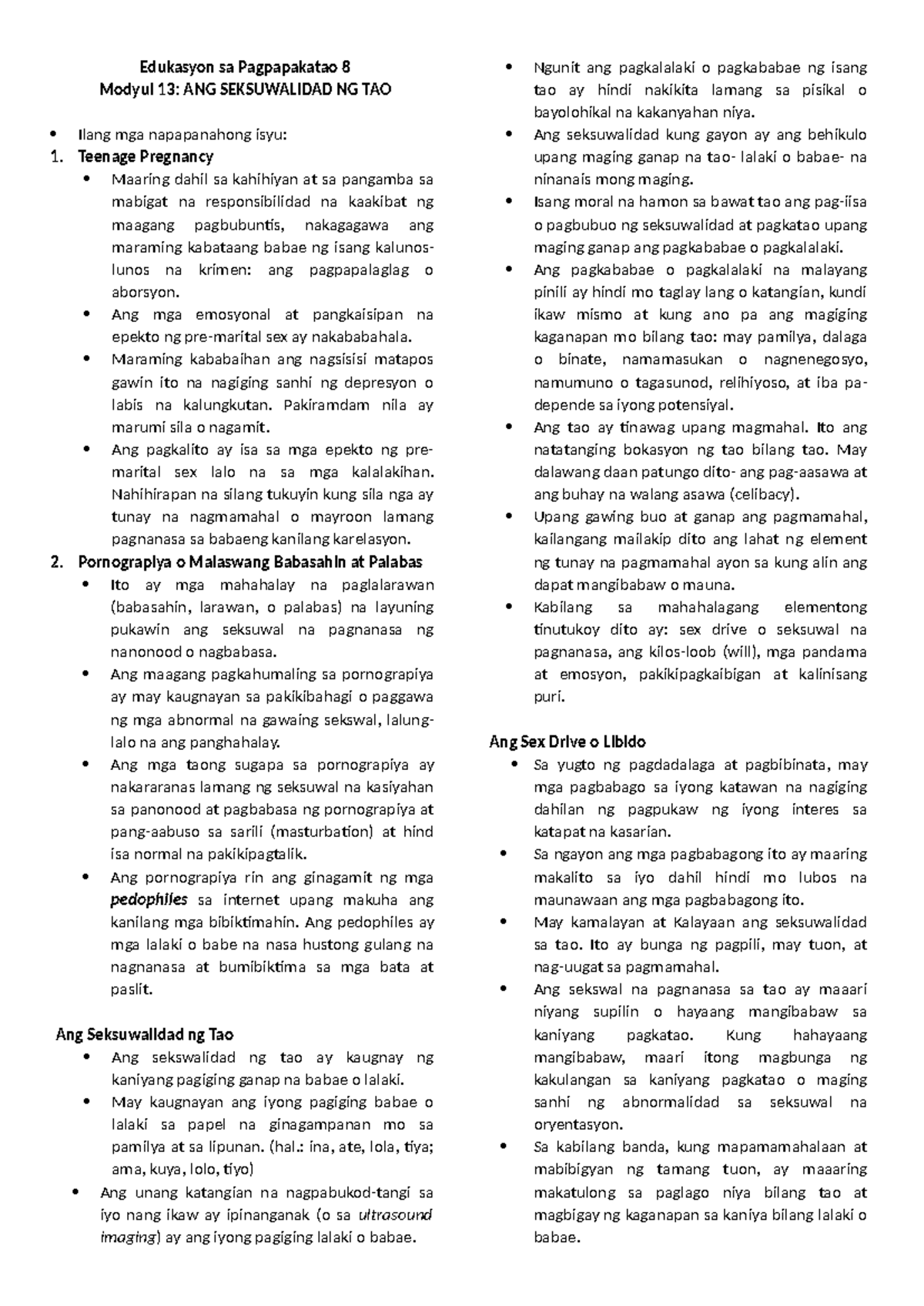 Modyul-13 - Reviewer for grade 8 STE - Edukasyon sa Pagpapakatao 8 ...