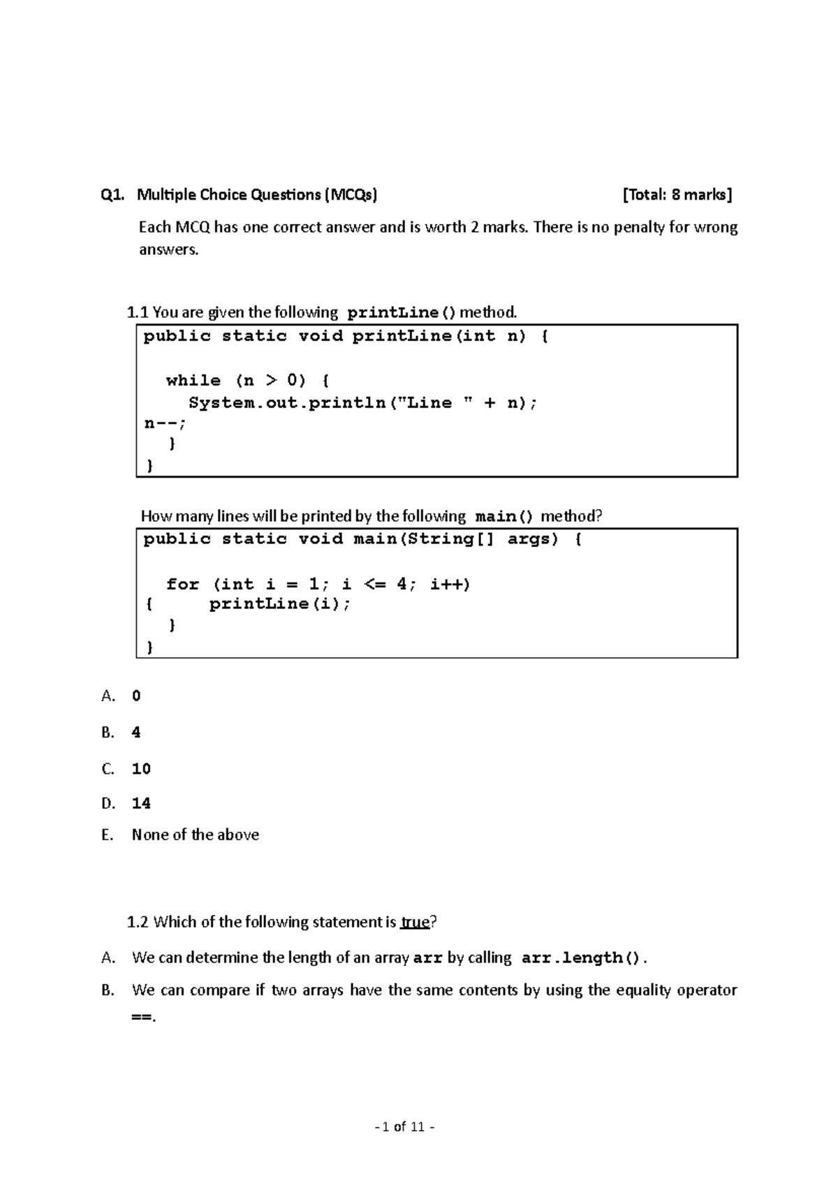 Exam 14s1 - programming language - Q1. Multiple Choice Questions (MCQs) [Total: 8 marks] Each ...