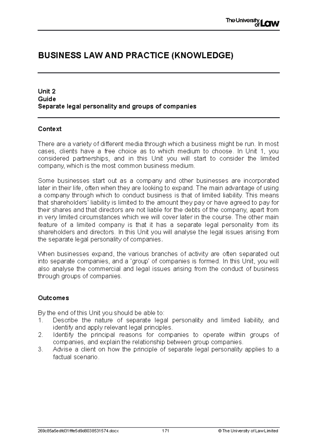 Unit 2 Workshop Guide - BUSINESS LAW AND PRACTICE (KNOWLEDGE) Unit 2 ...