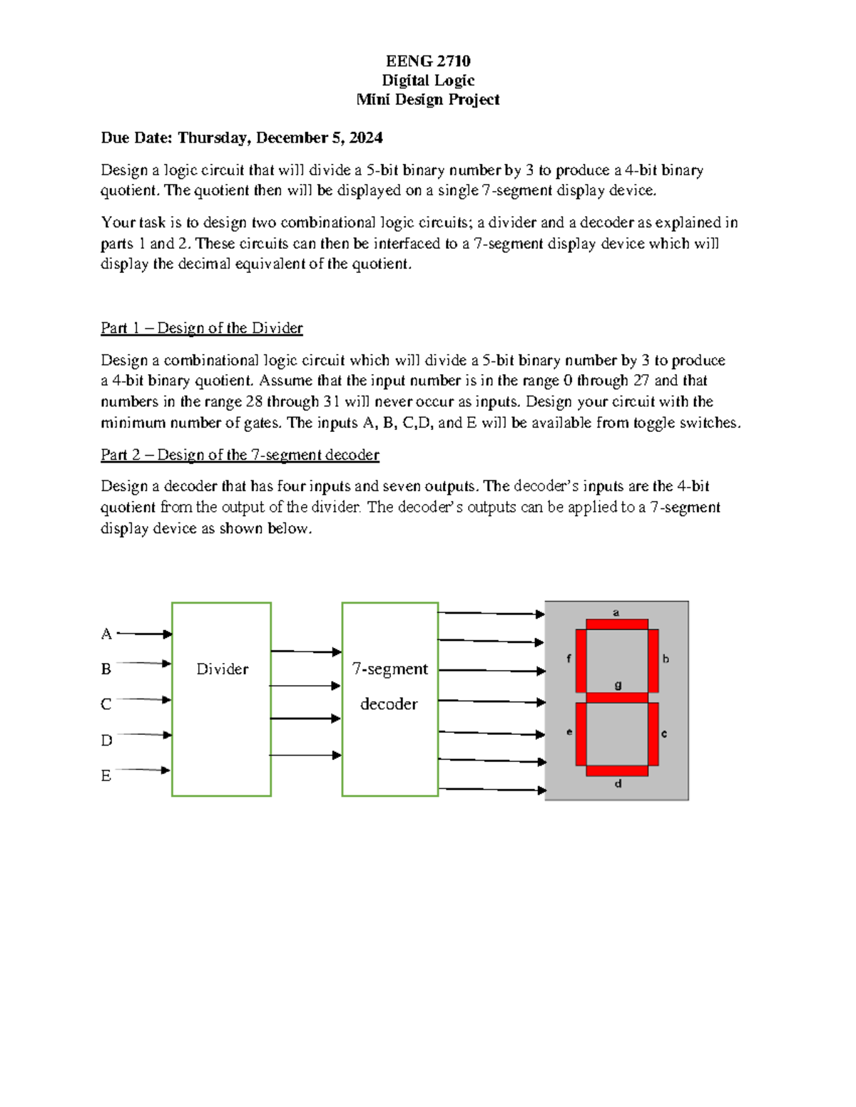 Mini Project F24-1 - Lab Assignment - EENG 2710 Digital Logic Mini Design Project Due Date ...
