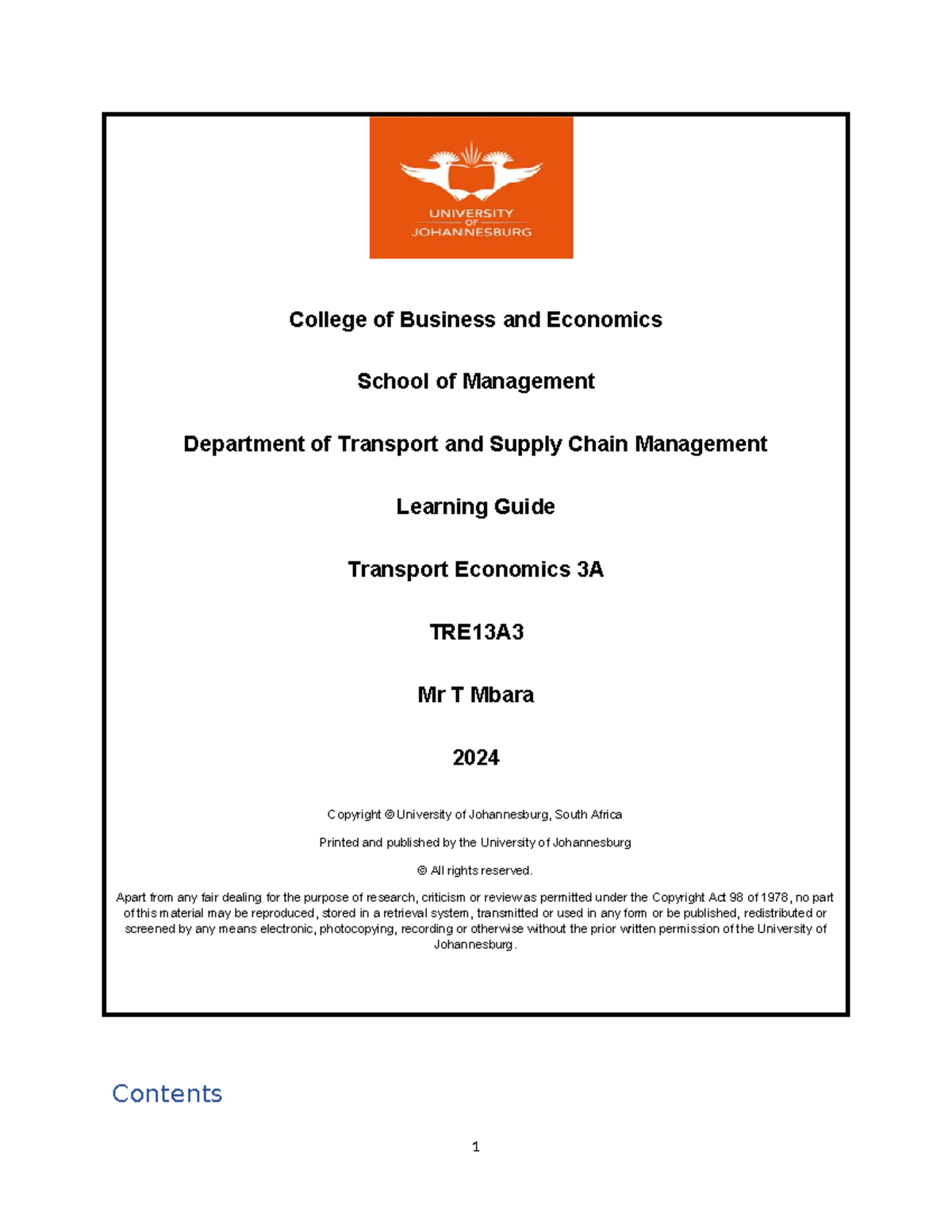 TE3A Learning Guide 2024 - College of Business and Economics School of ...