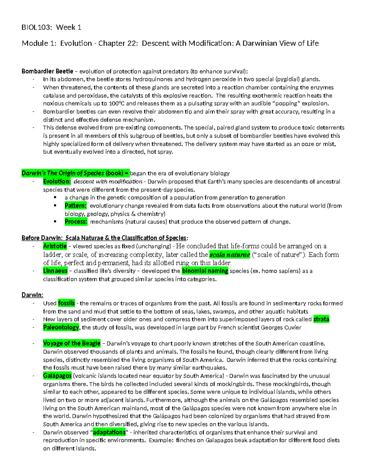 BIOL103 Week 1 Textbook Notes - BIOL103: Week 1 Module 1: Evolution ...