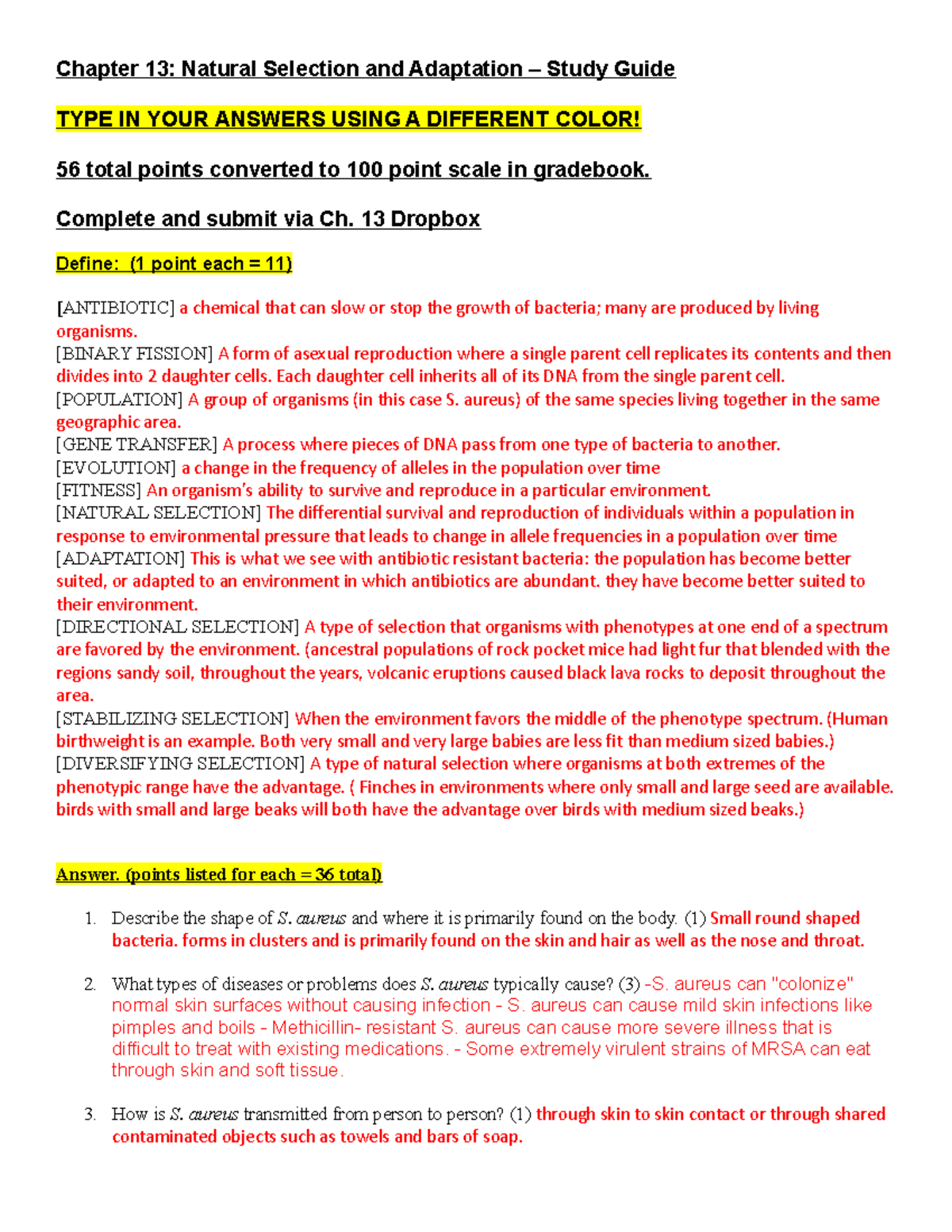 Ch. 13 Study Guide - N/A - Chapter 13: Natural Selection and Adaptation – Study Guide TYPE IN ...