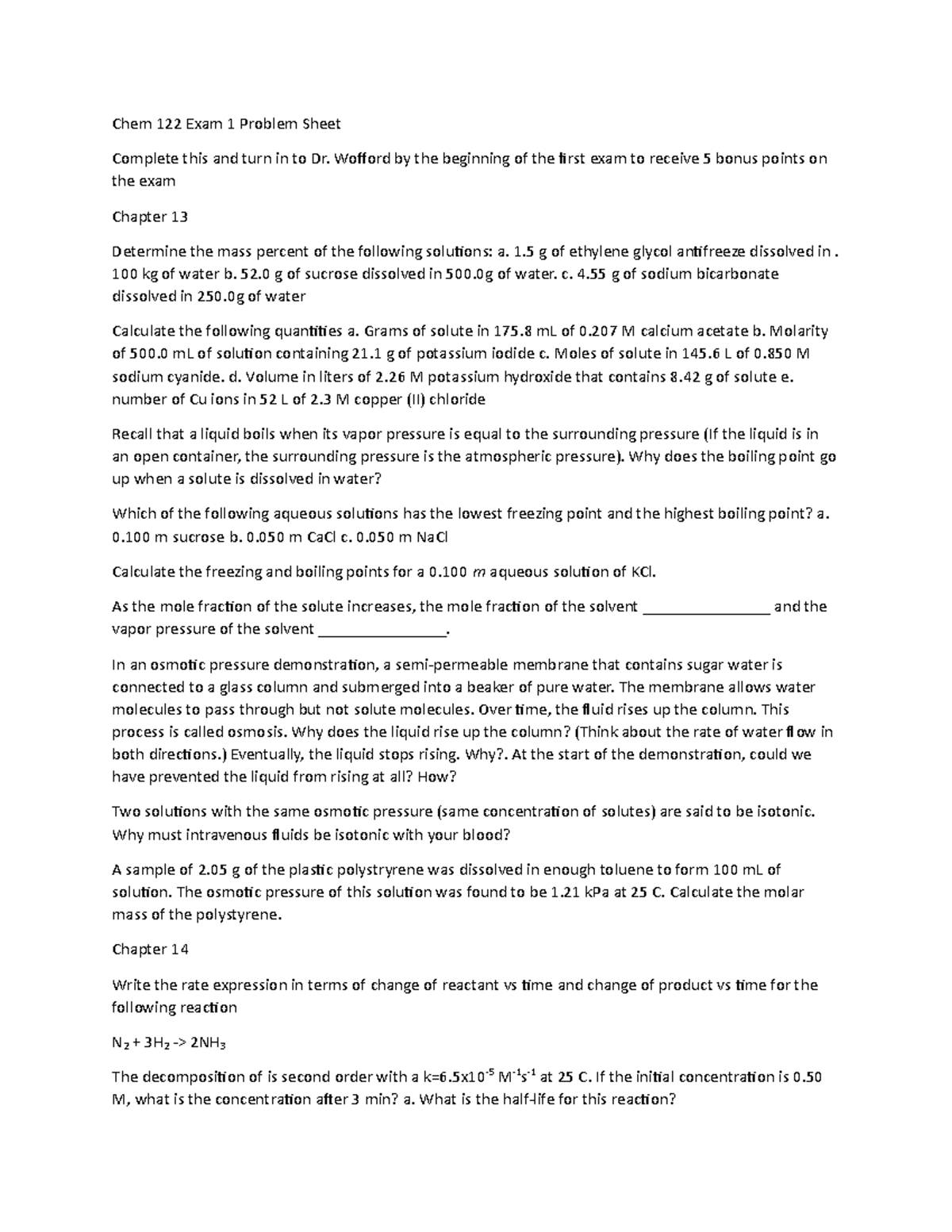 Chem 122 Exam 1 Problem Sheet - Chem 122 Exam 1 Problem Sheet Complete ...