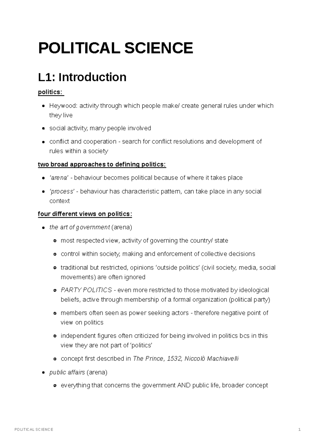 Political Science all - All lecture notes from pol sci (enough for the ...