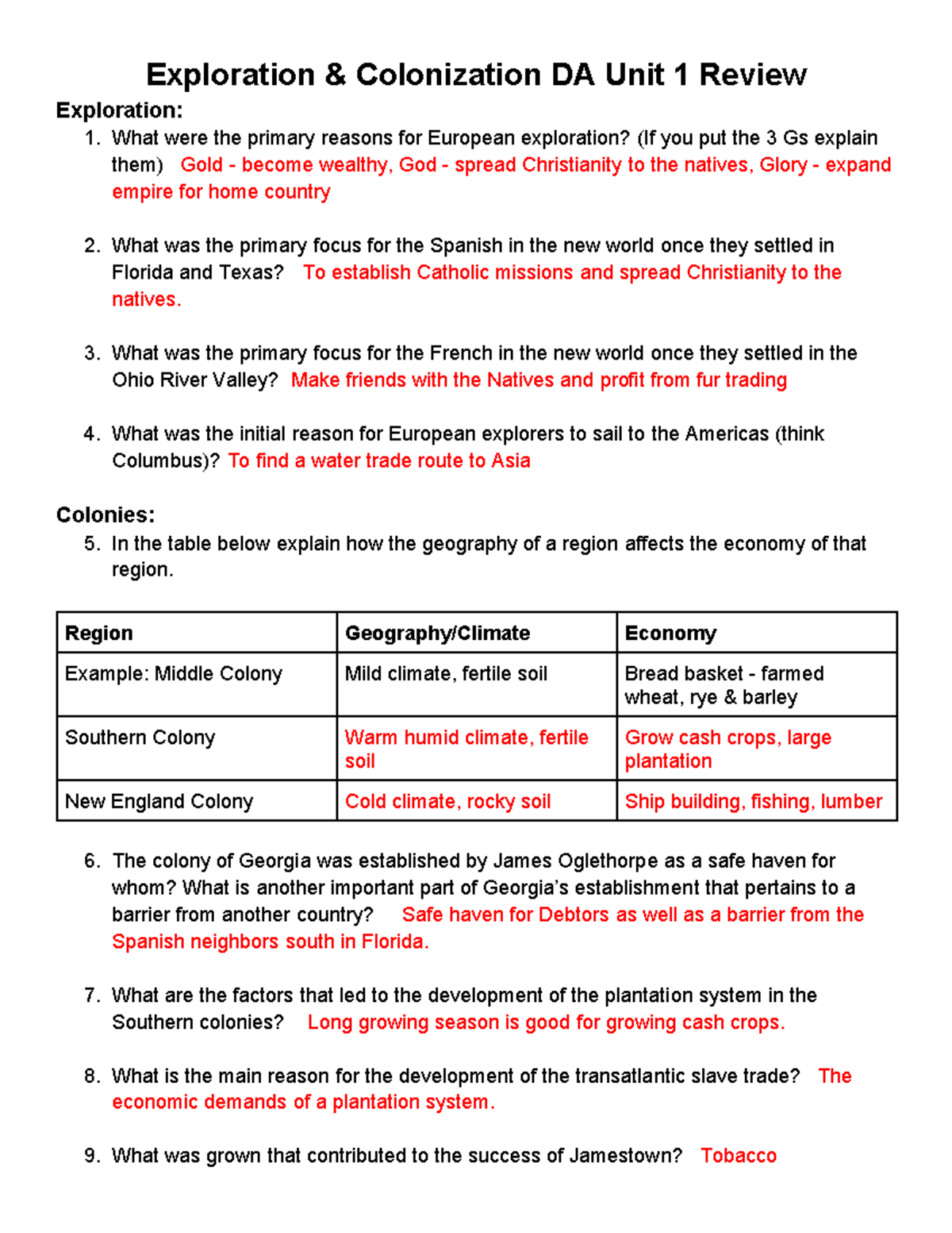 Unit 1 DA Review for test - Exploration & Colonization DA Unit 1 Review ...