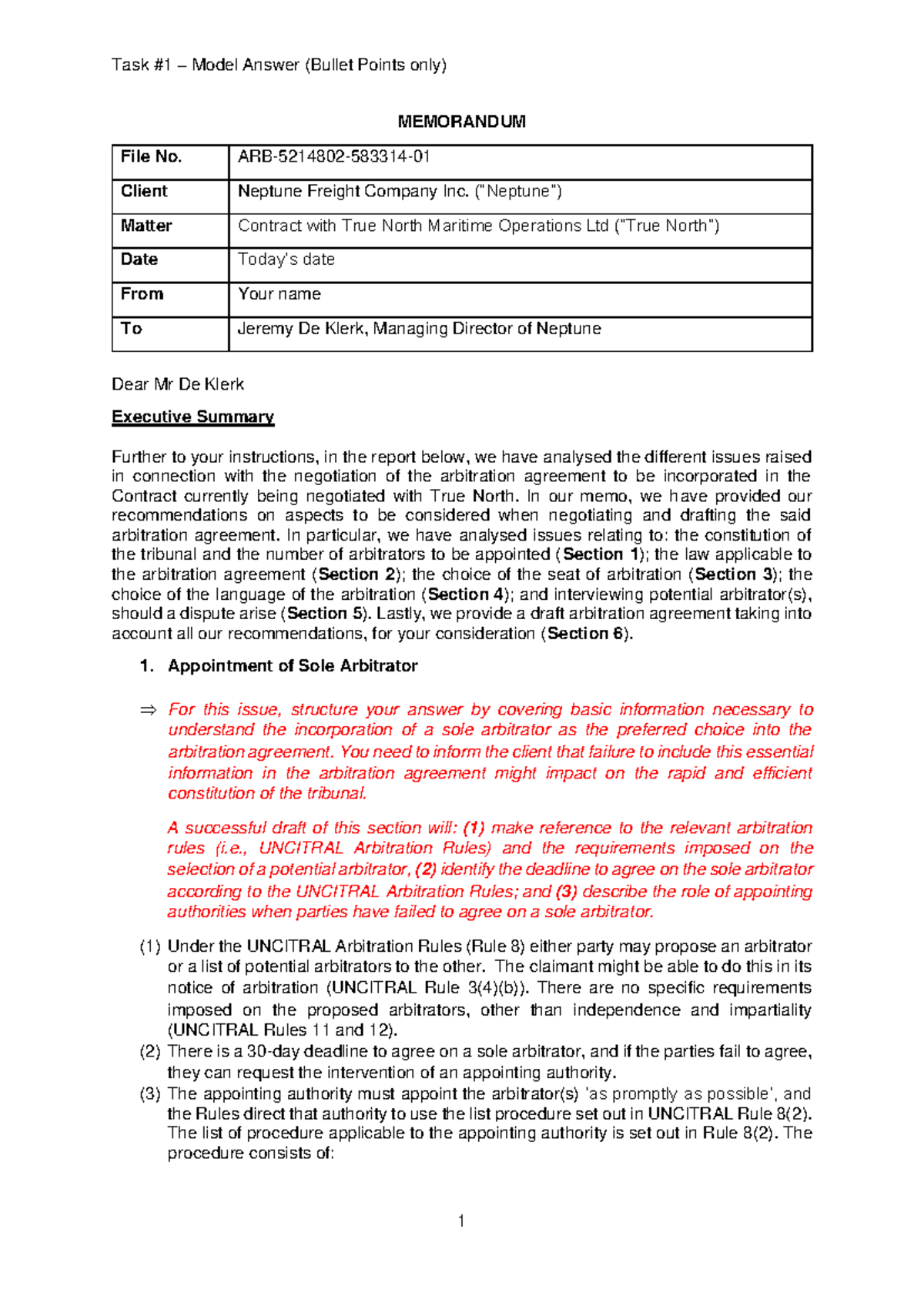 Task 1 - Example Answer w Annotations - MEMORANDUM File No. ARB ...