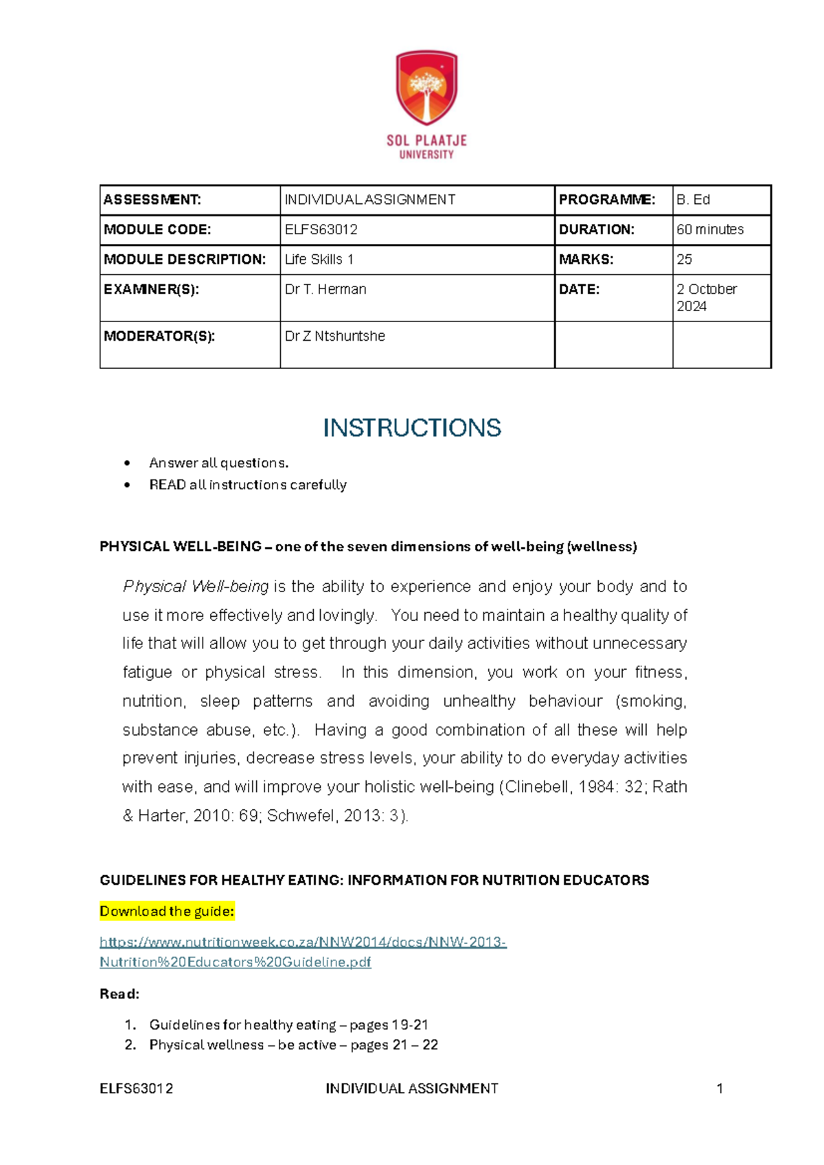 Individual Assignment - ELFS63012 INDIVIDUAL ASSIGNMENT 1 ASSESSMENT ...