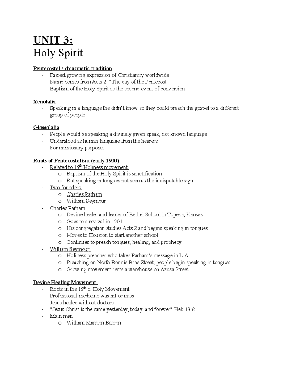 Christian Heritage Unit 3 Holy Spirit - UNIT 3: Holy Spirit Pentecostal ...