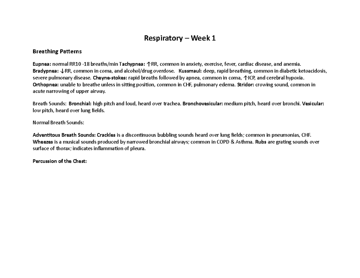 Respiratory Notes - Week 1 - Respiratory – Week 1 Breathing Patterns ...