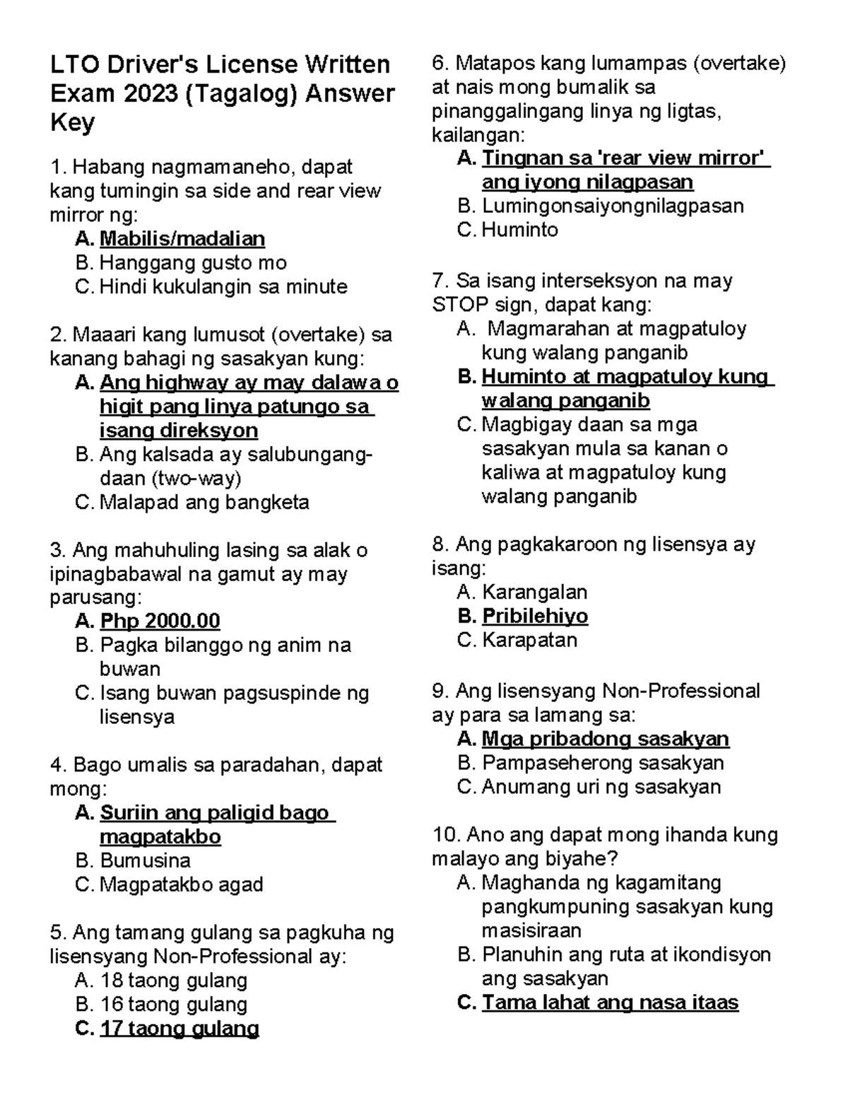 M - development in econ - LTO Driver's License Written Exam 2023 ...
