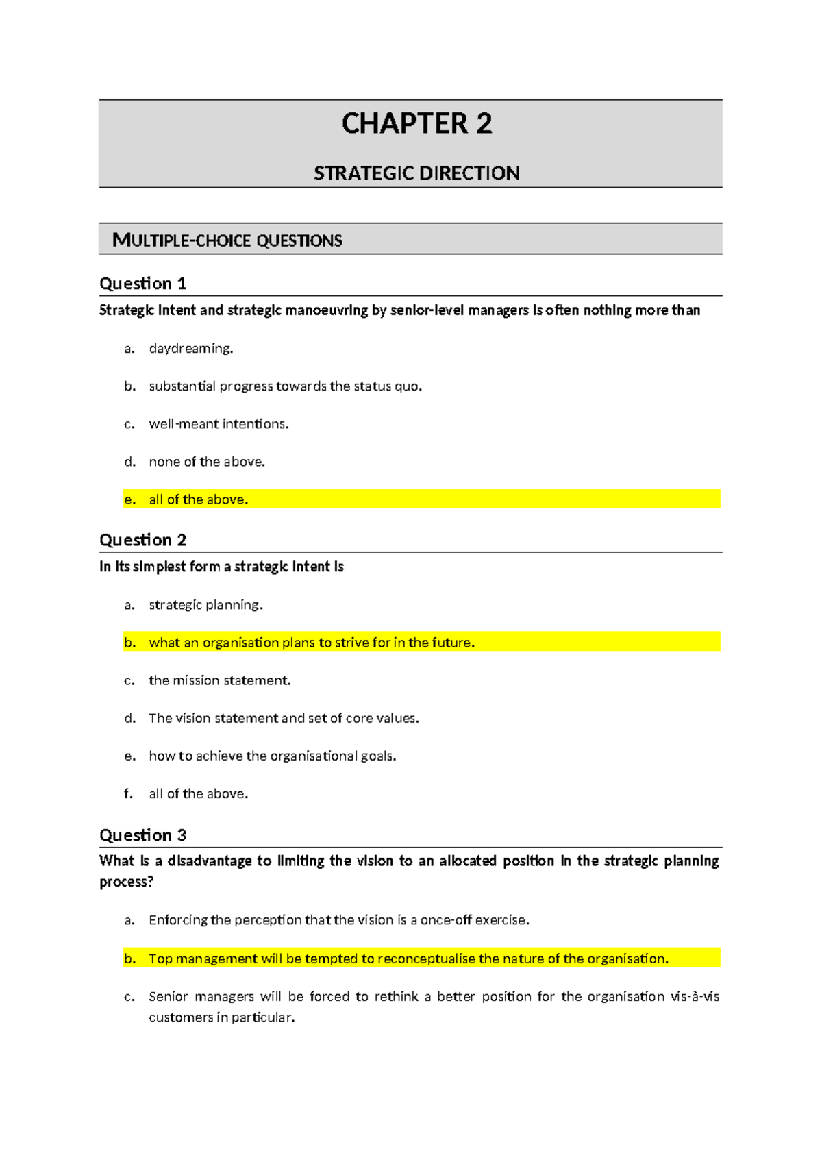 Ebus chp 2 memo - chapter 2 solutions - CHAPTER 2 STRATEGIC DIRECTION MULTIPLE-CHOICE QUESTIONS ...
