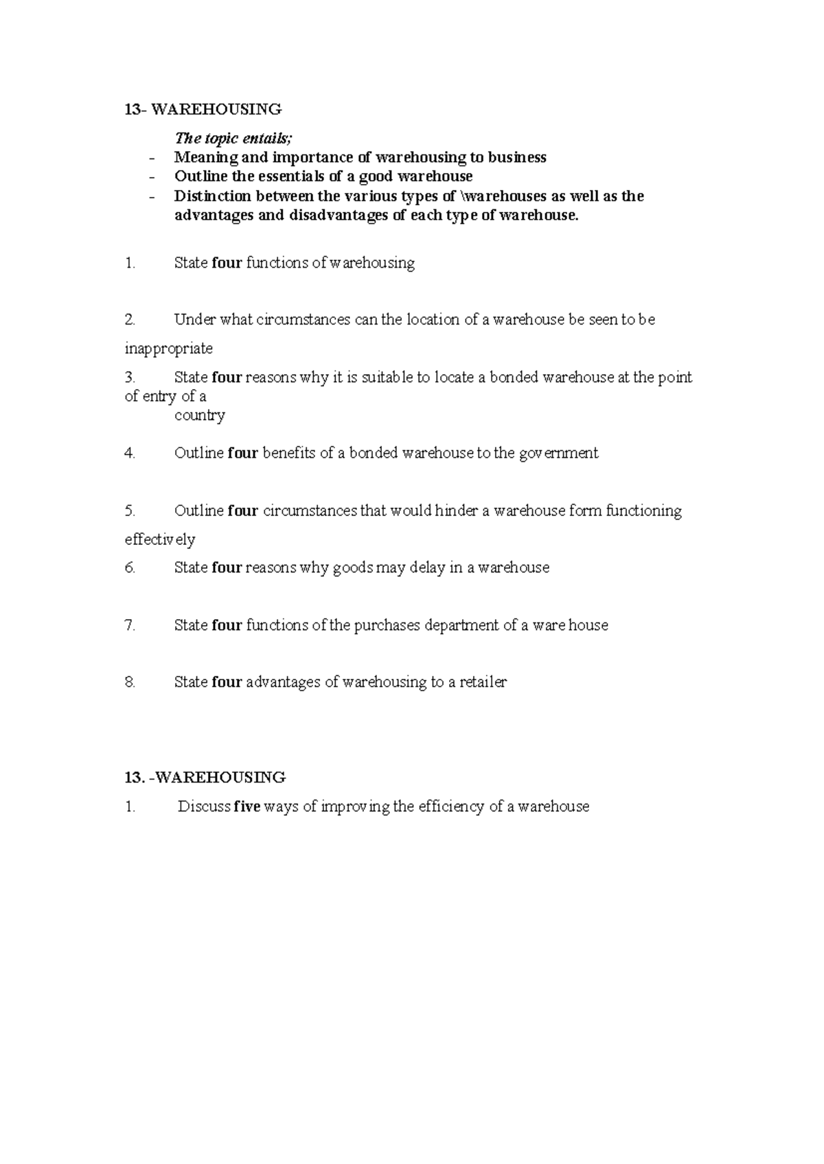 Warehousing-Q - Questions and answers - 13- WAREHOUSING The topic ...