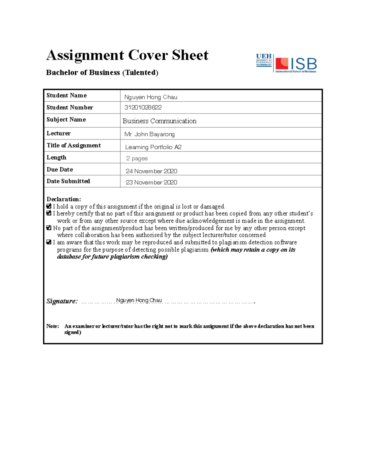 LPA2 312010 28622 Nguyen Hong Chau BC2 - Assignment Cover Sheet ...