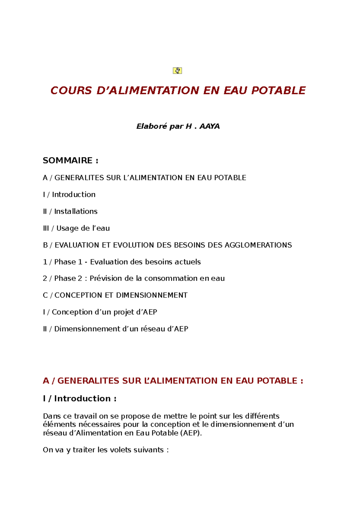 Cours AEP - Module d'alimentation en eau potable (AEP) + exercices d'application - COURS - Studocu