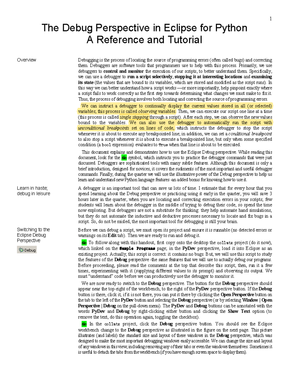Debugger - The Debug Perspective in Eclipse for Python A Reference and Tutorial Overview ...