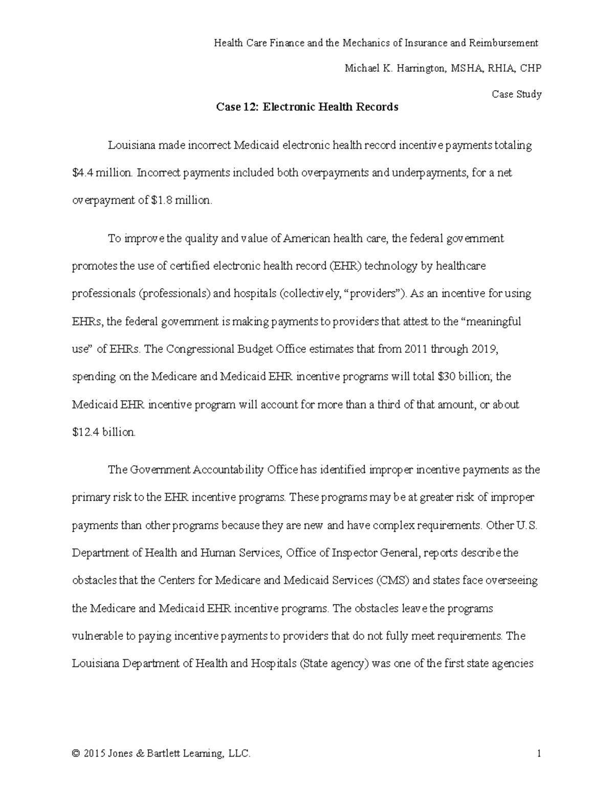 Harrington Case Study 9781284034929 PROJ CH12 - Michael K. Harrington ...