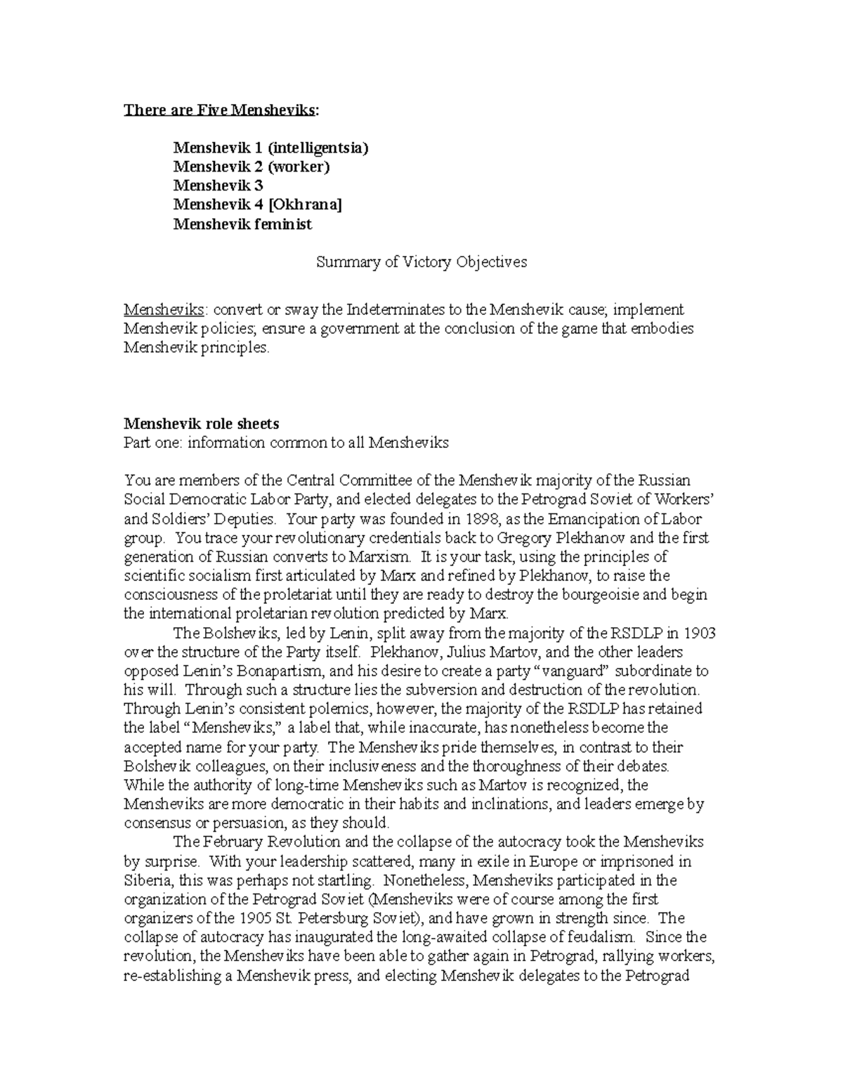 Menshevik 3 - Revolution in Petrograd role sheets - There are Five ...