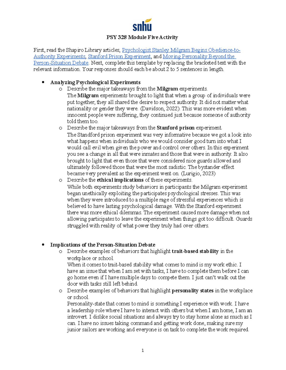 PSY 328 Module Five Activity - PSY 328 Module Five Activity First, read the Shapiro Library ...