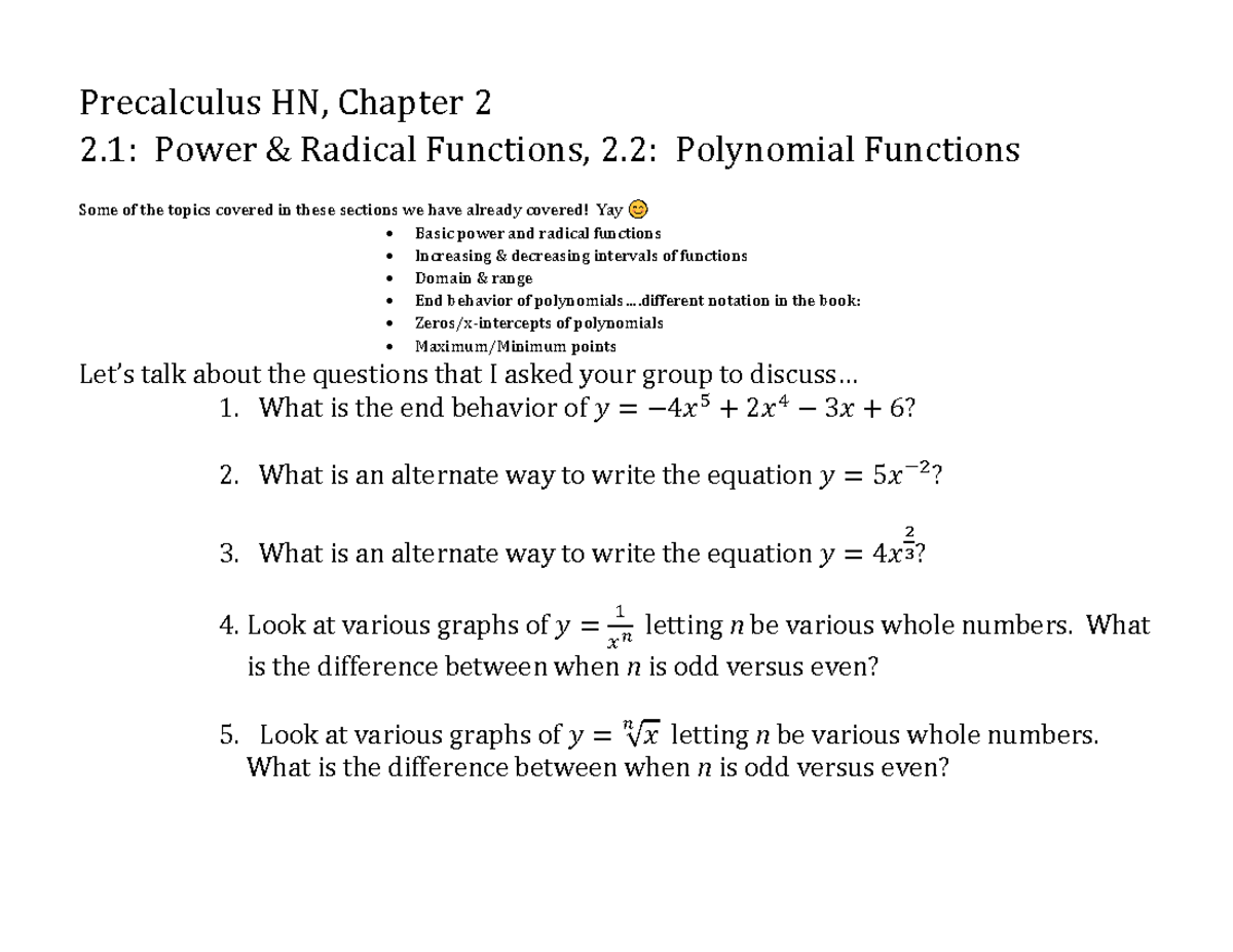 Notes+2 - In Class Work - Precalculus HN, Chapter 2 2: Power & Radical ...