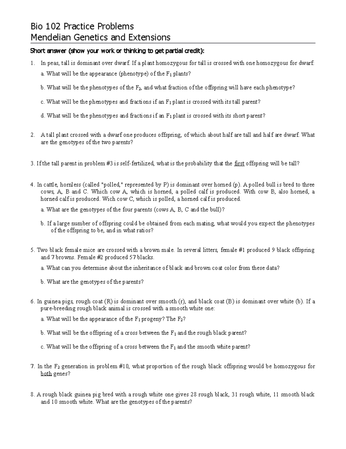 Problems Mendel 2 questions - Bio 102 Practice Problems Mendelian ...