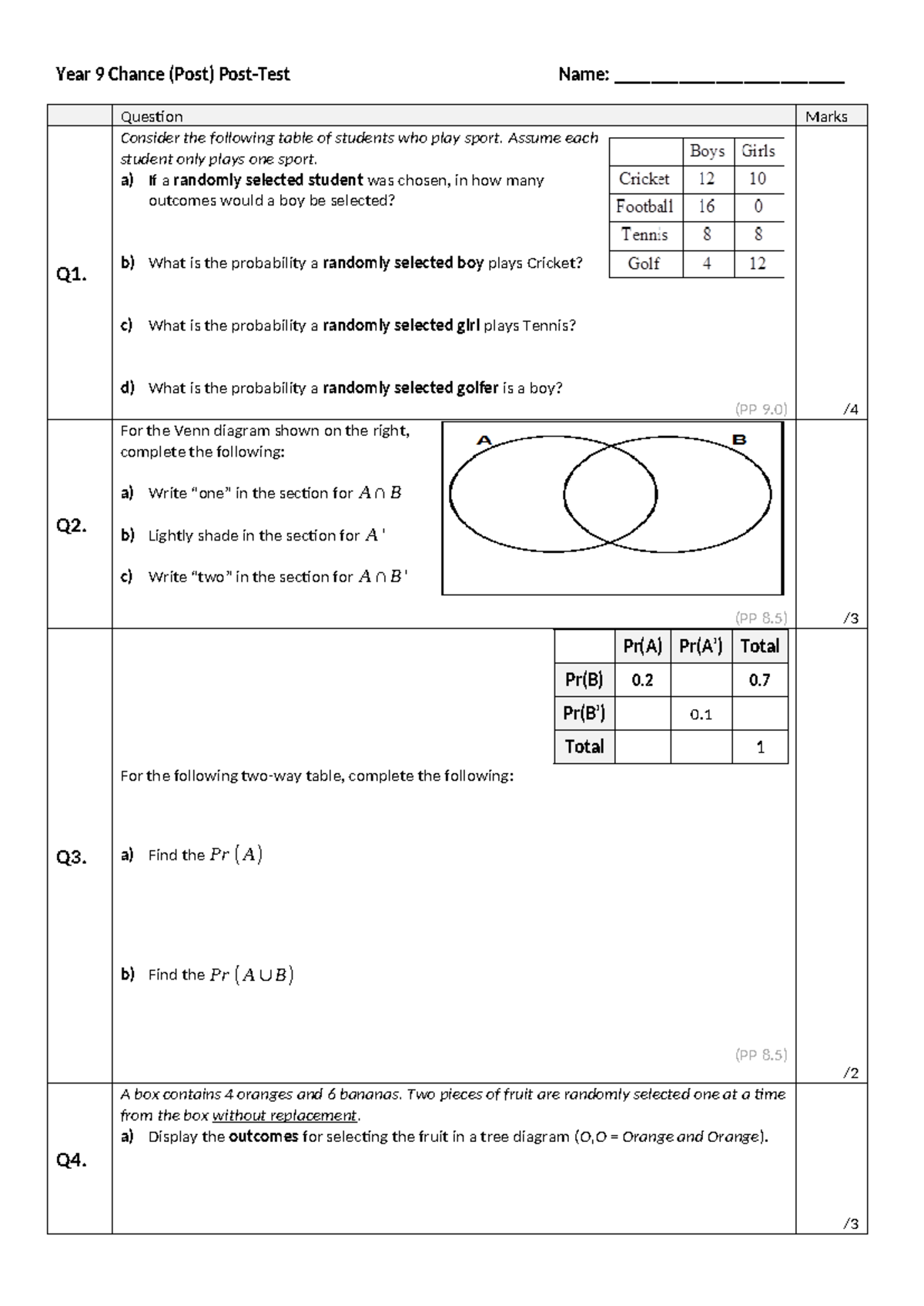 Probability Practice Test 2 (Short) - Year 9 Chance (Post) Post-Test ...