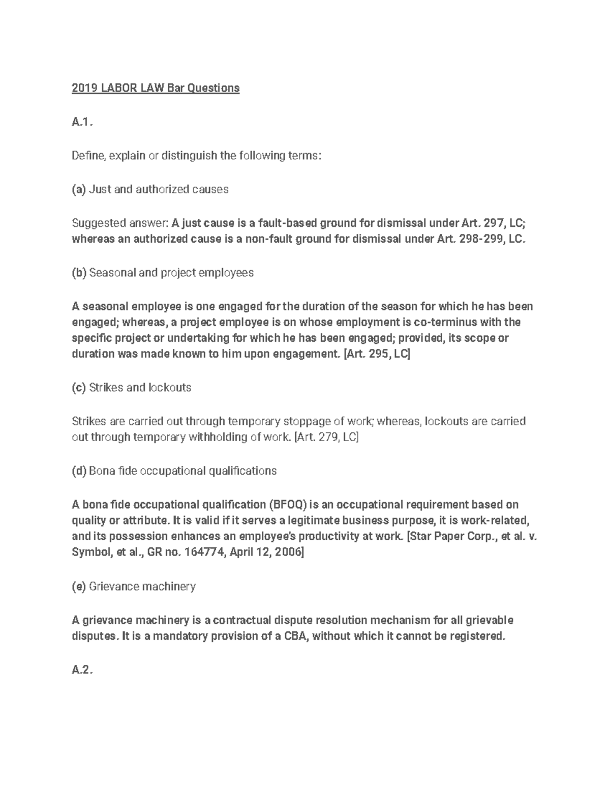 2019 Labor Law Questions & Suggested Answers - Business Law - San ...
