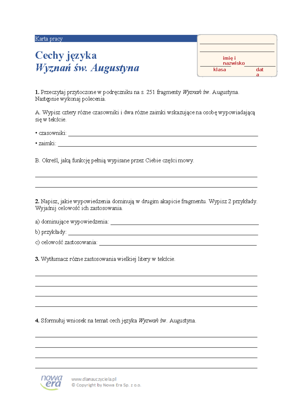 Karta pracy cechy jezyka iwyznan i sw augustyna - Karta pracy Cechy ...