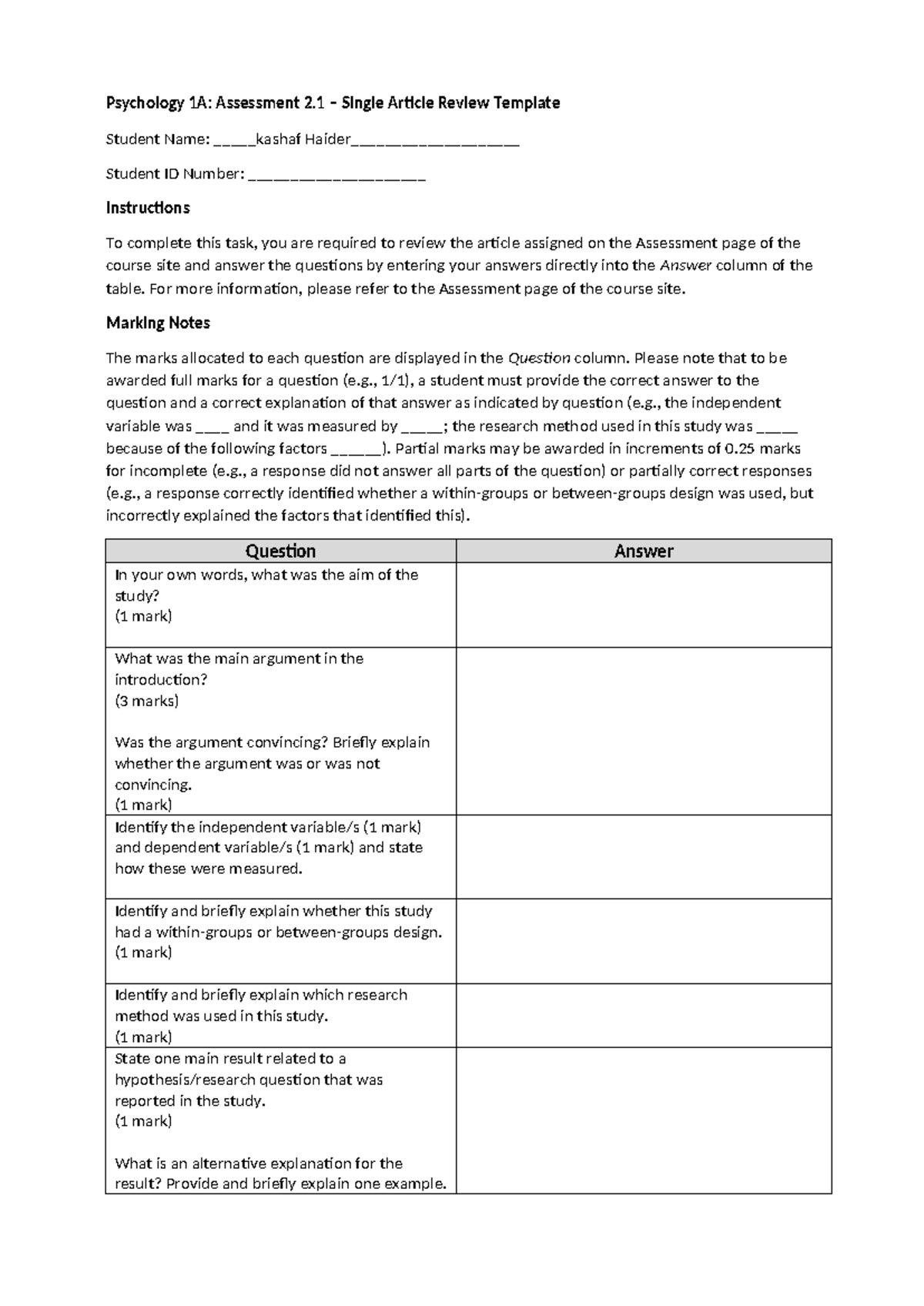 Psychology 1A Assessment 2.1 Template 1st year psychology - Psychology ...