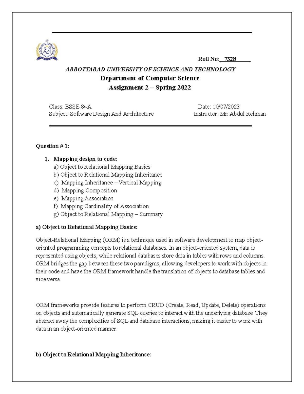Assigment 2 - Software Design And Arctictur - Roll No: 7328 ABBOTTABAD ...