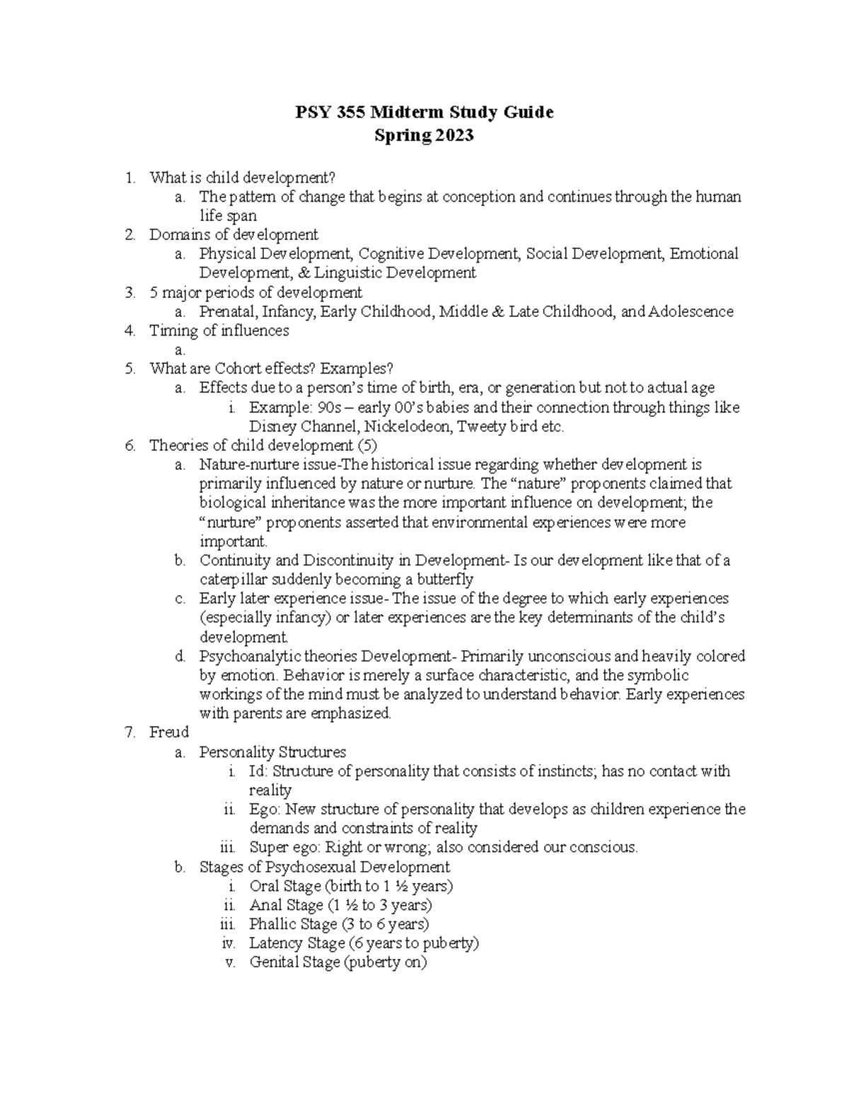 Midterm Study Guide Psy 355 - PSY 355 Midterm Study Guide Spring 2023 What is child development ...