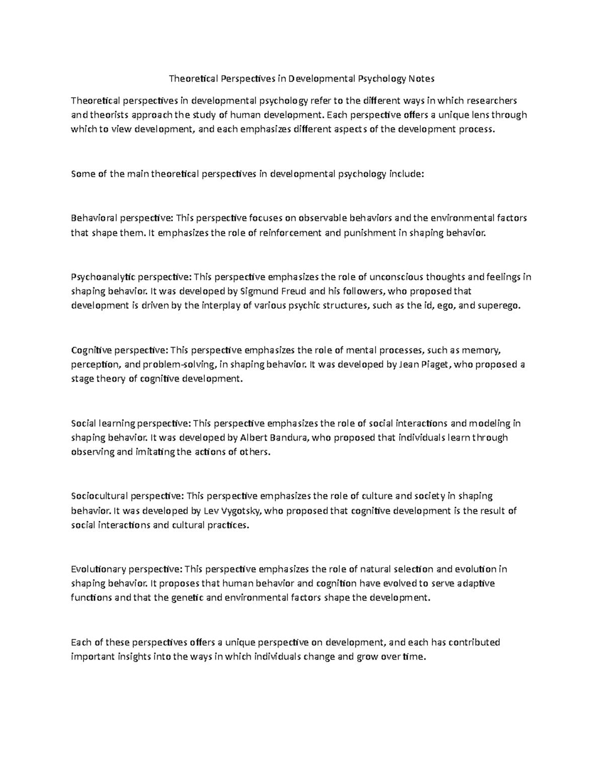 Theoretical Perspectives in Developmental Psychology Notes - Each ...