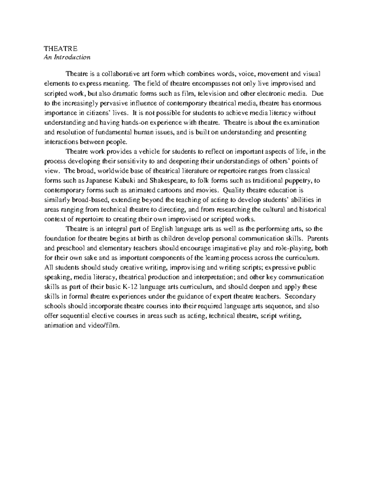 Theatre Introduction and CPRC - THEATRE An Introduction Theatre is a ...