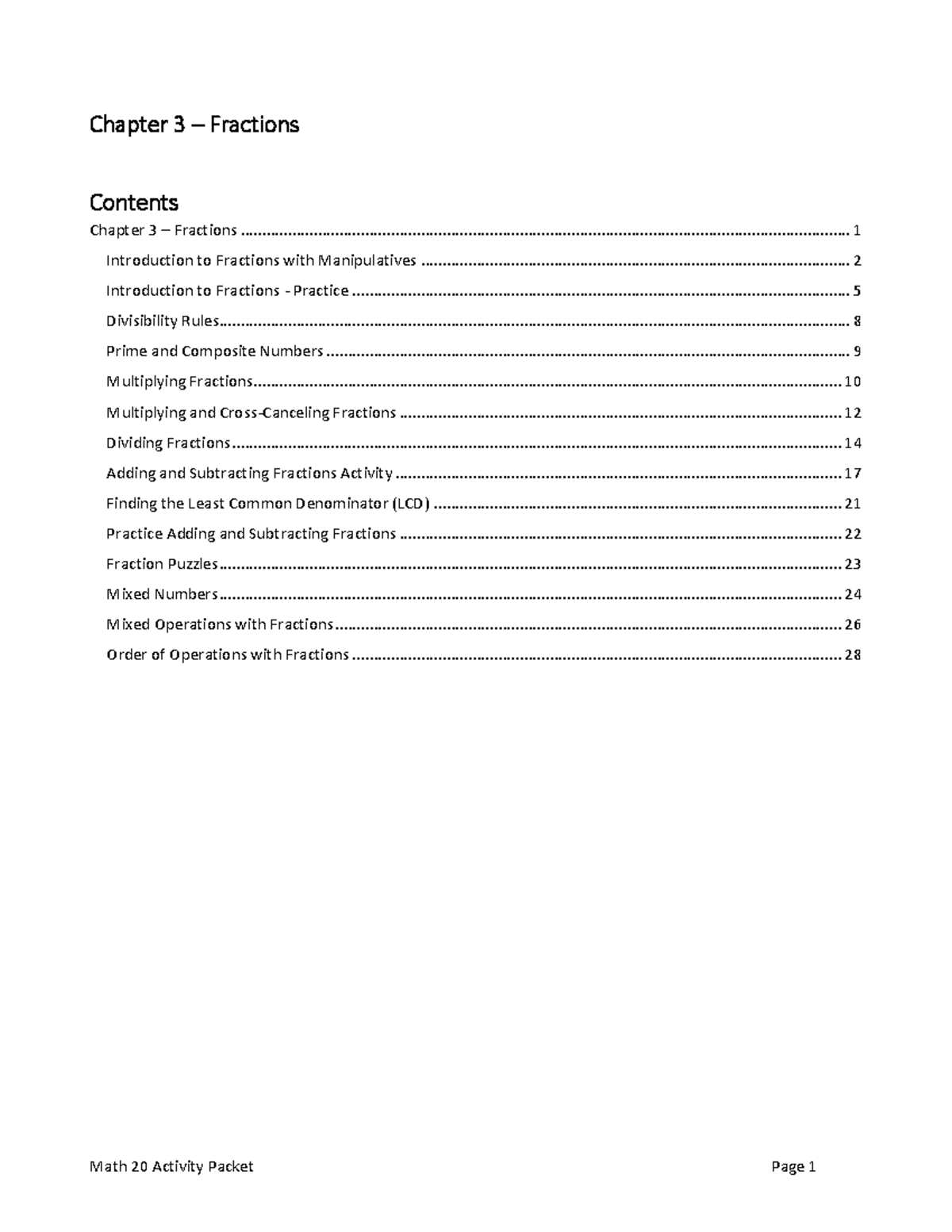 Chapter 03 - MATH 20 ACTIVITY PACKET OPEN EDUCATIONAL RESOURCE - Chapter 3 – Fractions Math 20 ...