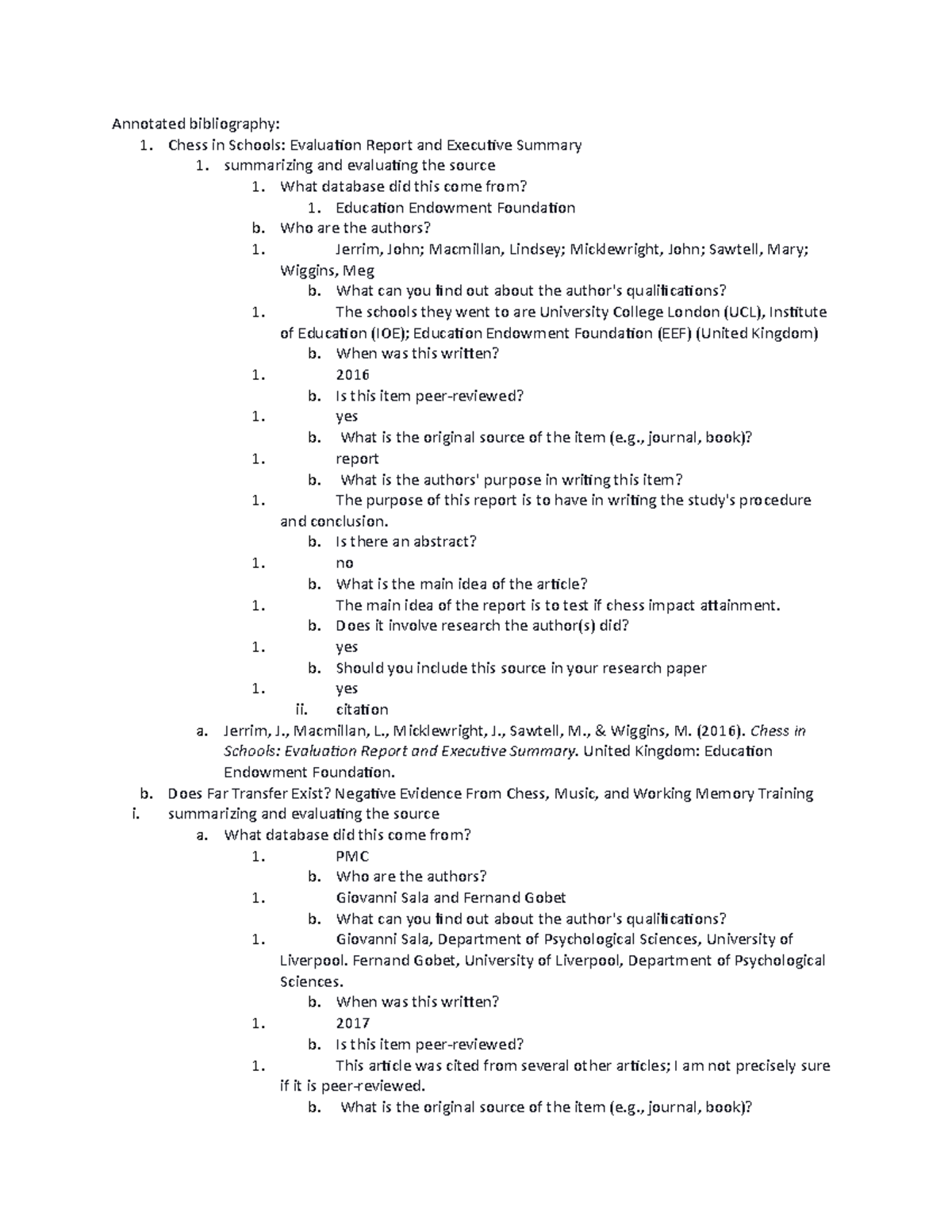 Gathering Sources, Part 2 - Annotated bibliography: 1. Chess in Schools ...