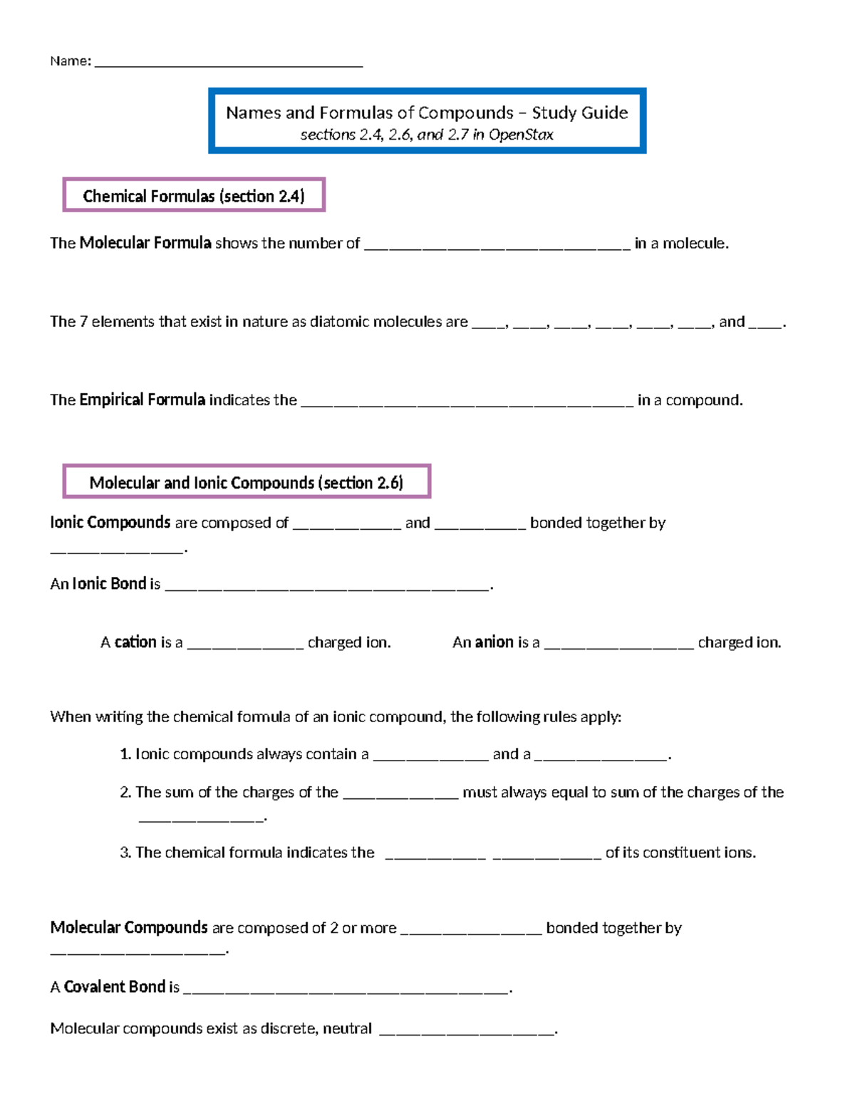 CH2 Names and Formulas of Compounds Study Guide - Name