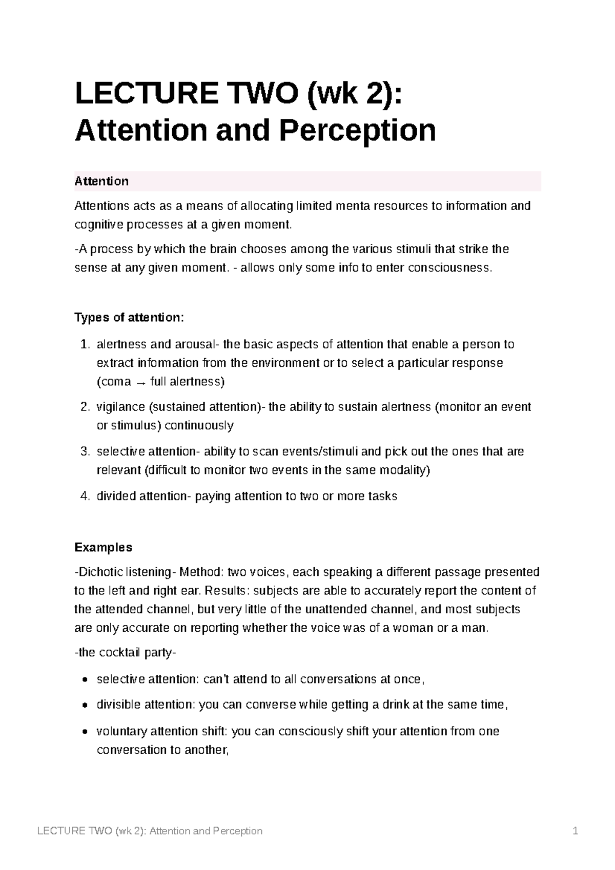 Lecture TWO (wk 2) Attention and Perception - LECTURE TWO (wk 2): Attention and Perception ...