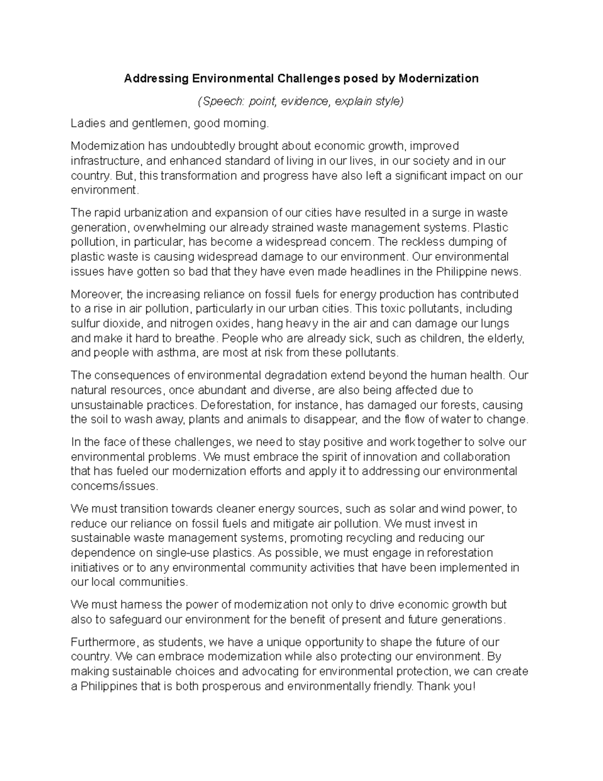 Speech Addressing Environmental Challenges - Addressing Environmental ...