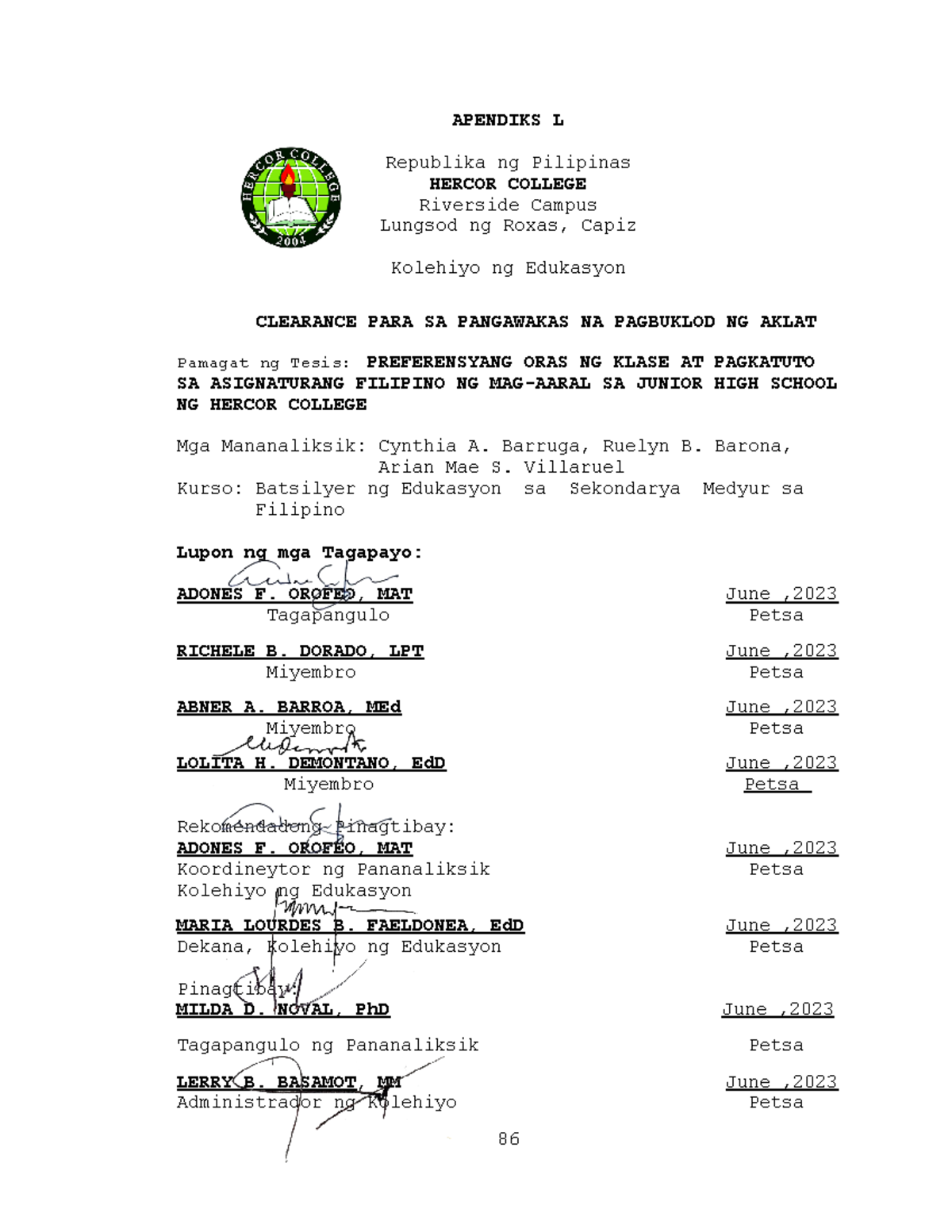 25 - Appendix-L - APENDIKS L Republika ng Pilipinas HERCOR COLLEGE ...