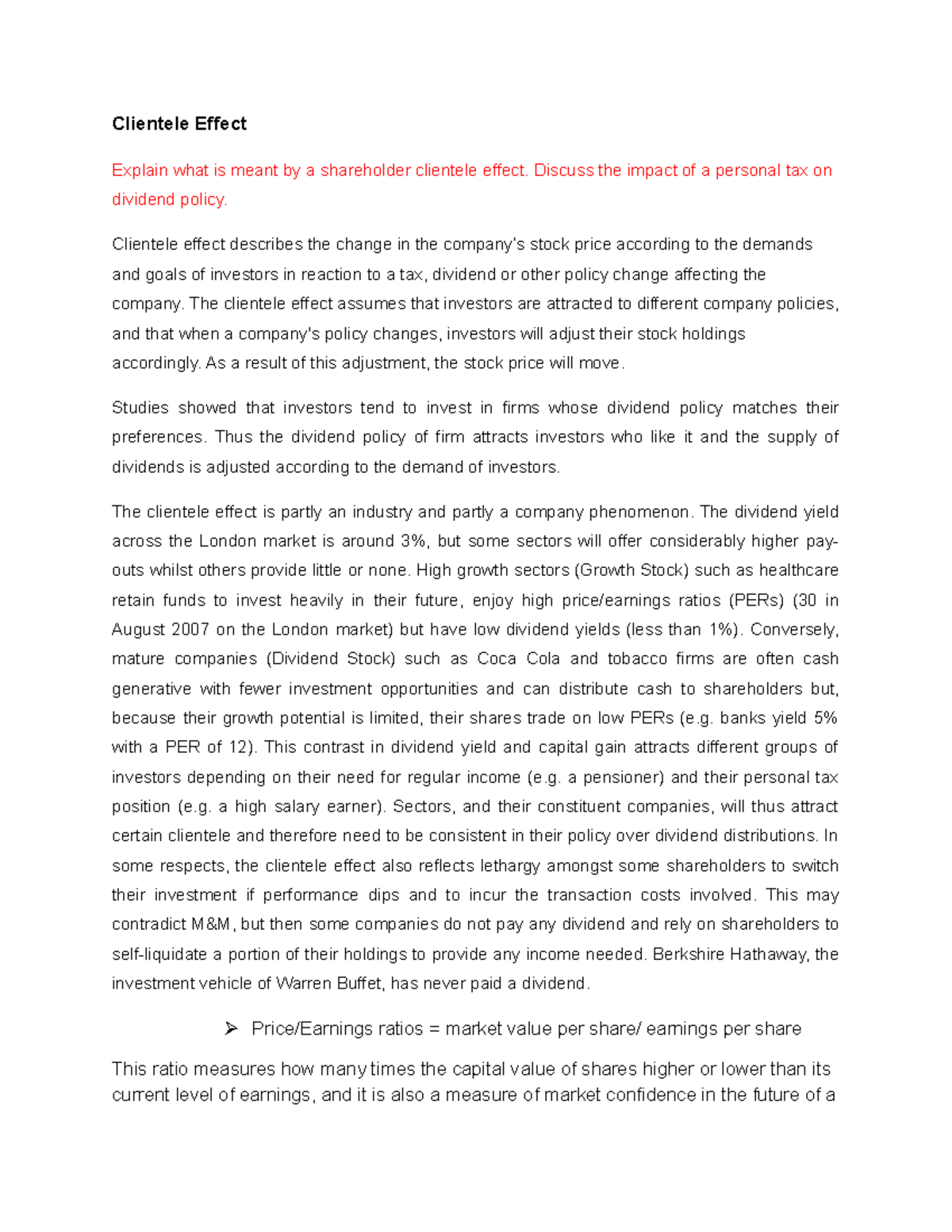 Summary Principles of Corporate Finance - Clientele effect - Clientele ...